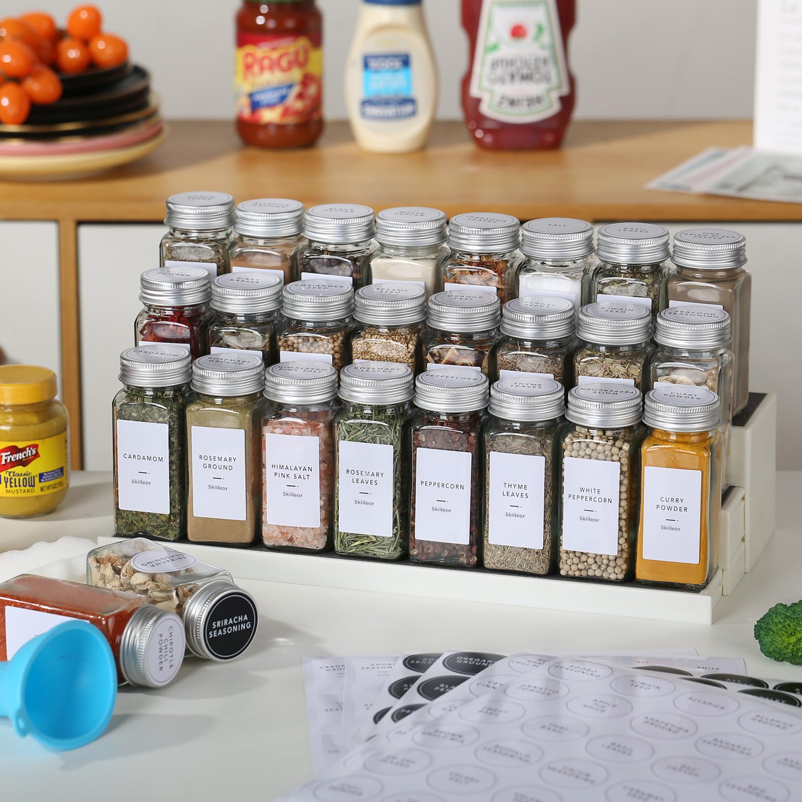 Skiileor 25 Pcs Spice Jars with Labels- Glass Spice Jars with Labels,Shaker Lids, Funnel, Chalk Pen, Brush,4oz Seasoning Containers Bottles for Spice Rack, Cabinet, Drawer