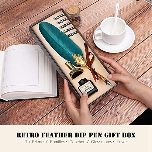 Quill Pen Feather Pen, Handmade Antique Calligraphy Pen Set, Writing Quill Pen with 5 Replacement Nibs & Empty Ink Bottle, Stationery Gift Come with Gift Box