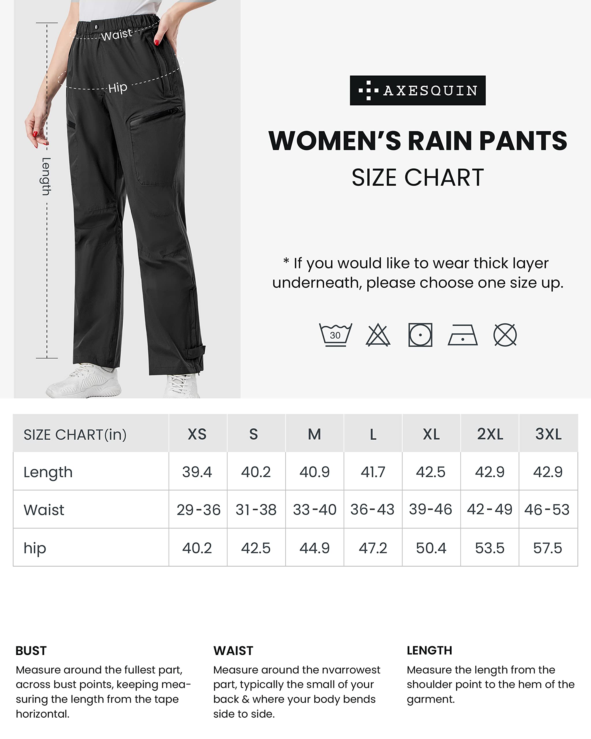 Women's Rain Pants, Waterproof Rain Over Pants Lightweight Packable Windproof Hiking Pants Outdoor Golf Work Black