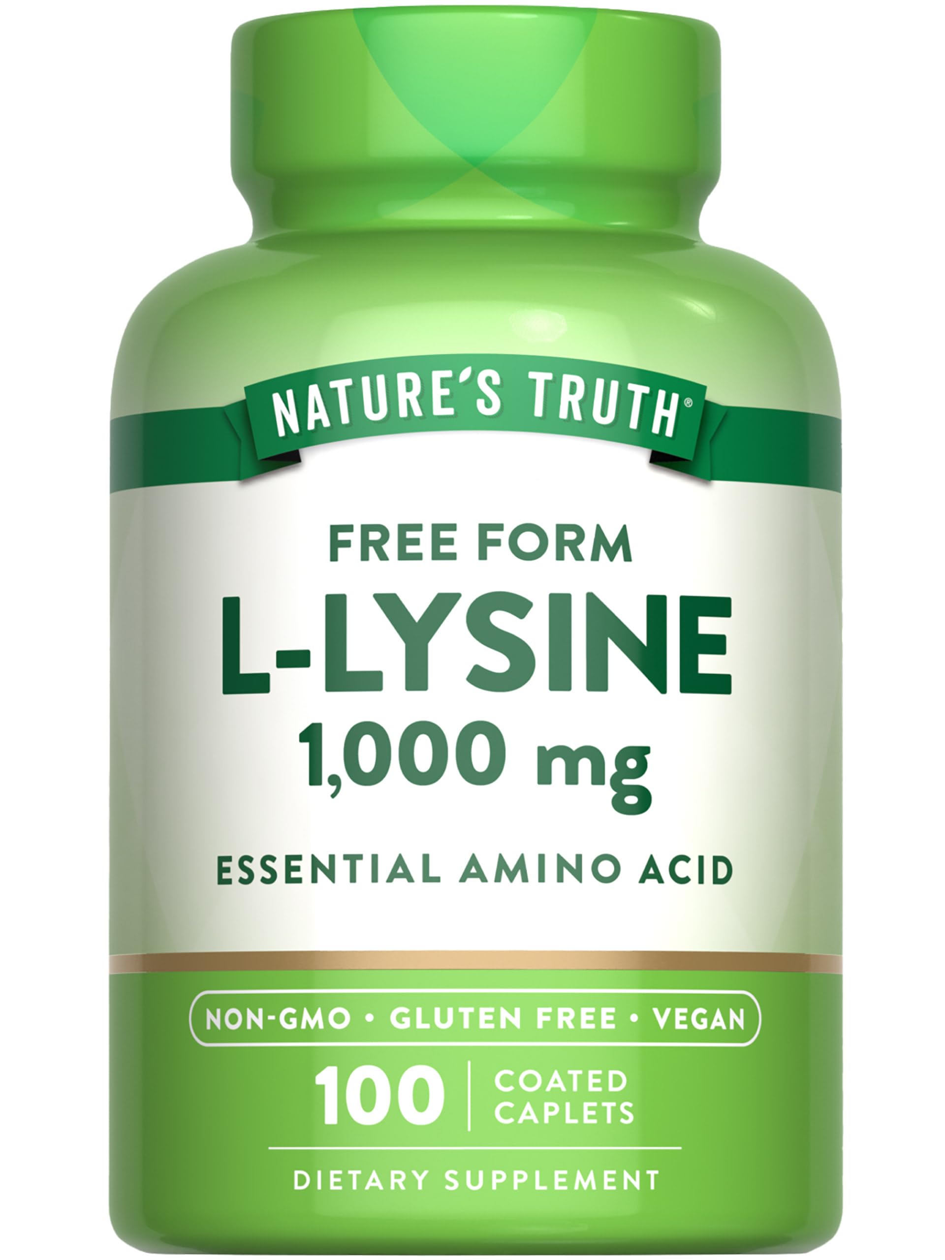 Nature's Truth L Lysine 1000mg | 100 Coated Caplets | Free Form | Vegetarian, Non-GMO, & Gluten Free Supplement