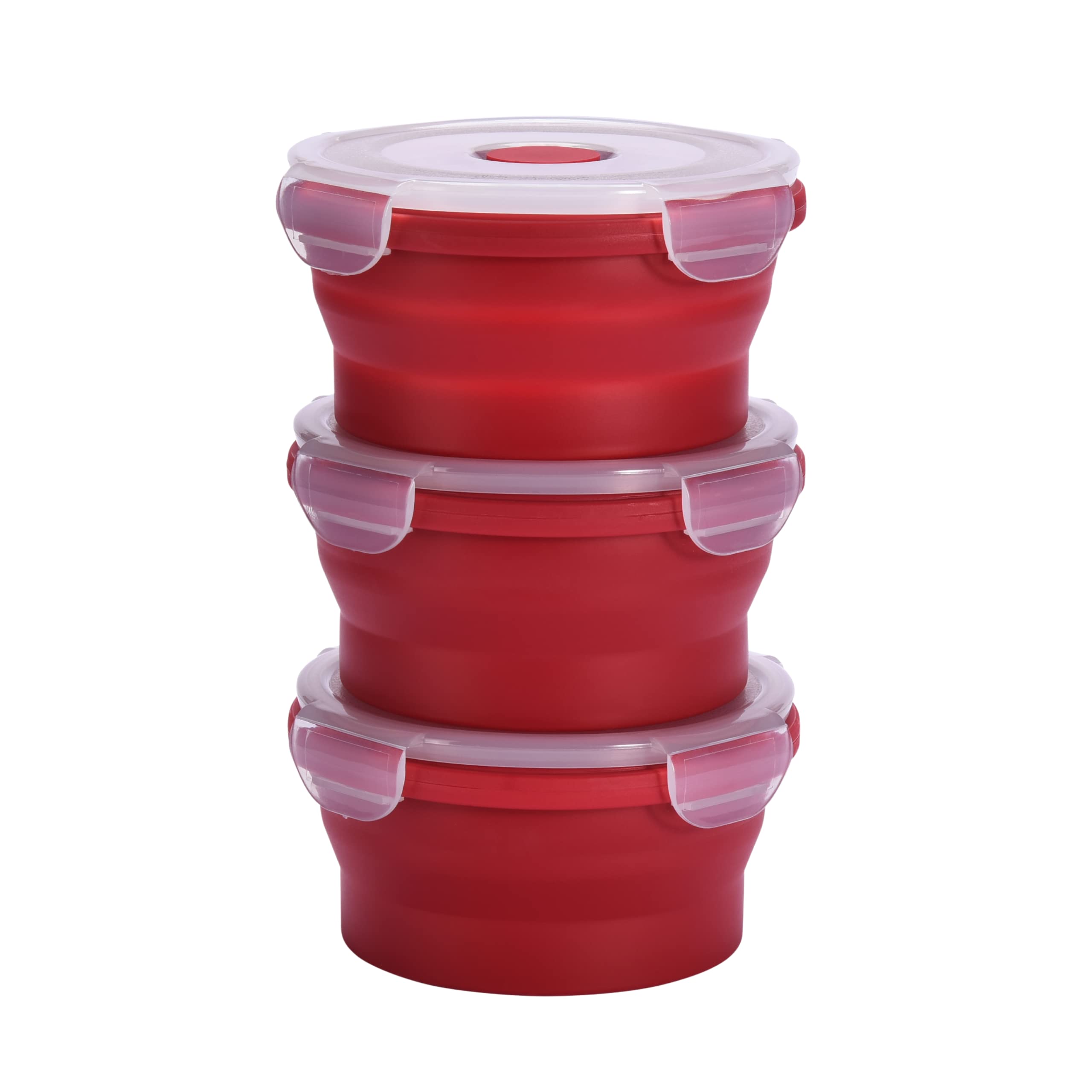 Vdomus Collapsible Food Storage Containers with Lids - Silicone Collapsible Bowl Sets with Airtight Lid - Round Silicone Food Containers Microwave, Freezer, and Dishwasher Safe - Set of 3, Red