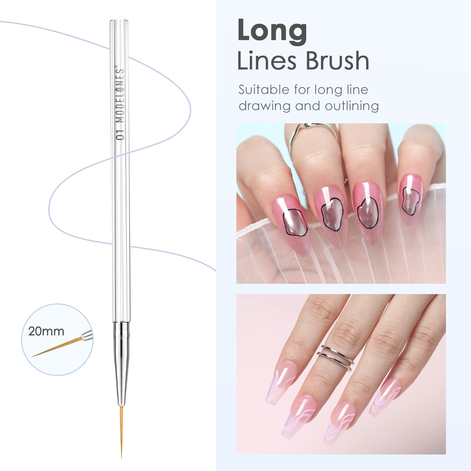 Modelones Nail Art Brushes, Liner Brushes 5Pcs Thin Nail Brush Set for Nail Art Nails Gel Polish Painting Designs with Hexagonal Shape Easy Hold 5/7/9/11/20mm