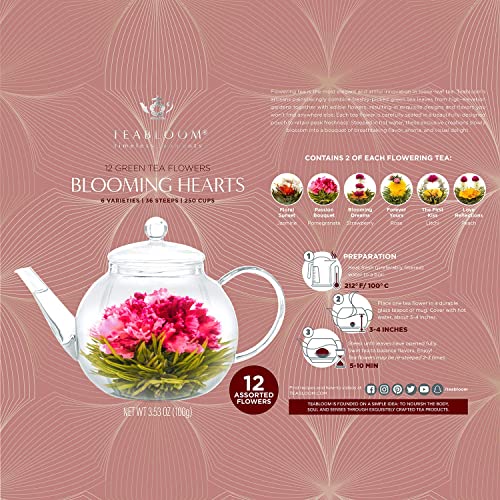 Teabloom Heart-Shaped Flowering Teas β 12 Assorted Blooming Tea Flowers β Green Tea + Jasmine, Pomegranate, Strawberry, Rose, Litchi & Peach