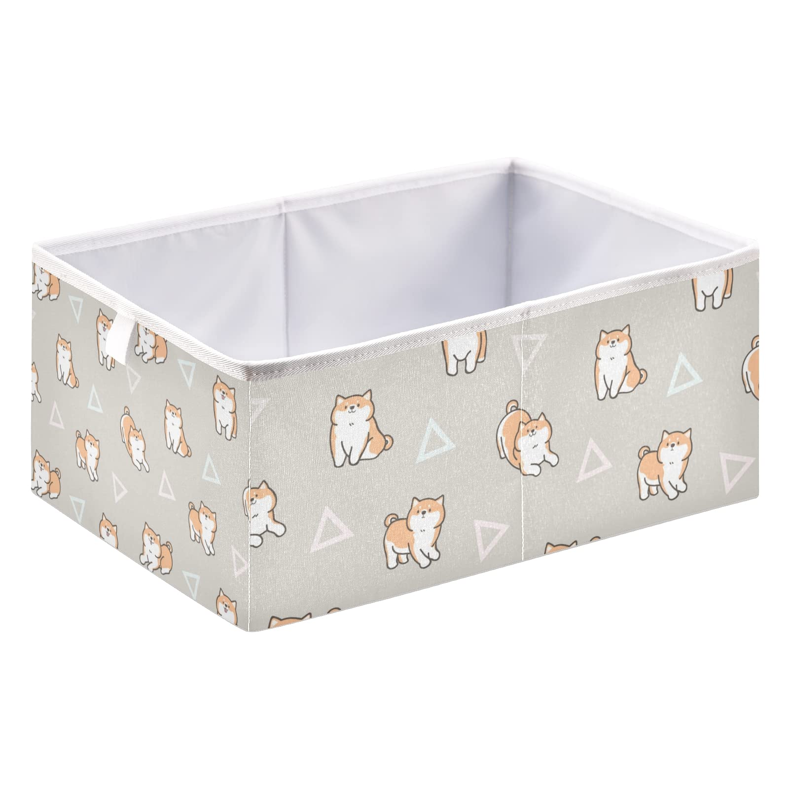 Seamless Cute Cartoon Shiba Inu Dogs Geometric Triangles on Warm Grey Square Storage Basket Bin, Collapsible Storage Box, Foldable Nursery Baskets Organizer for Toy, Clothes Easy to Assemble