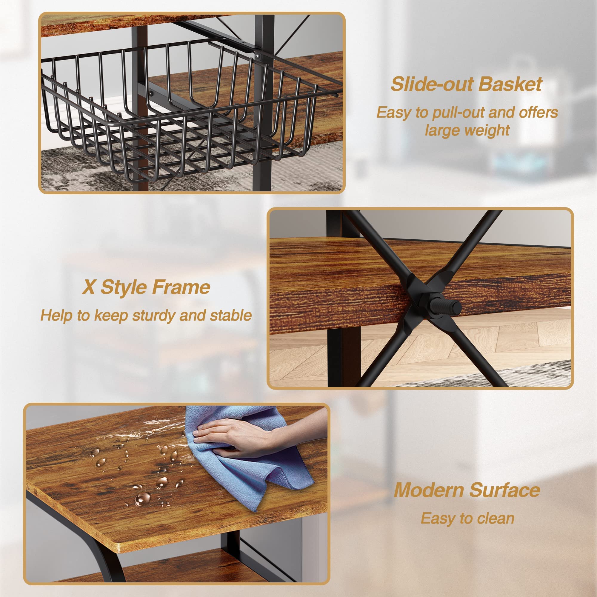 Mr IRONSTONE Bakers Rack Microwave Stand Kitchen 35.5" Microwave Cart 3-Tier+4-Tier Kitchen Shelves for Spice Organizer Coffee Station with 10 Hooks, Easy to Assemble (Vintage), 90 × 40 × 131 cm
