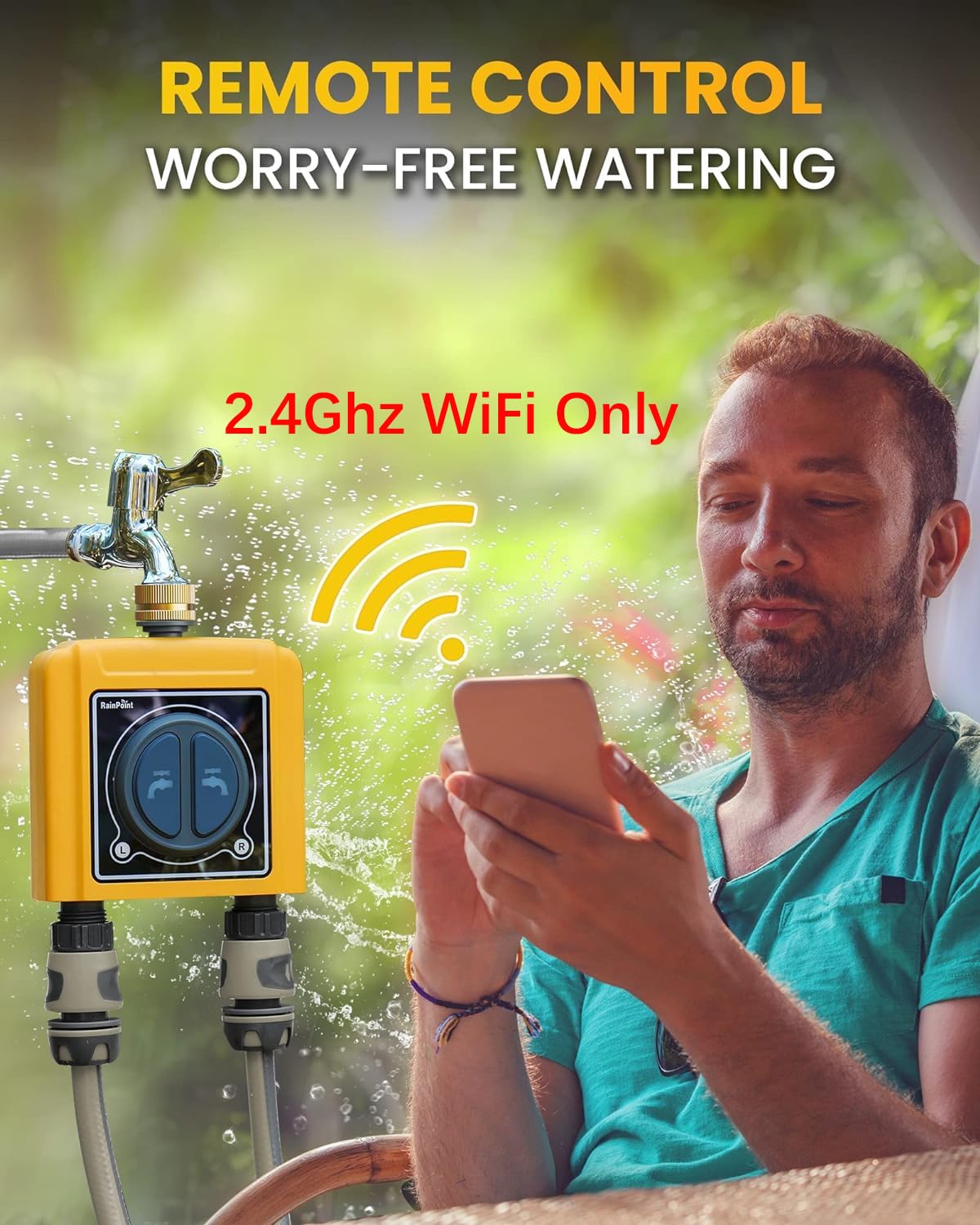 RAINPOINT Sprinkler Timer WiFi Water Timer with Brass Inlet,2 Outlets Smart Hose Timer,Automatic Irrigation System Controller, 2.4Ghz WiFi & Voice Control, Irrigation by Weather/Quantity/Soil Moisture