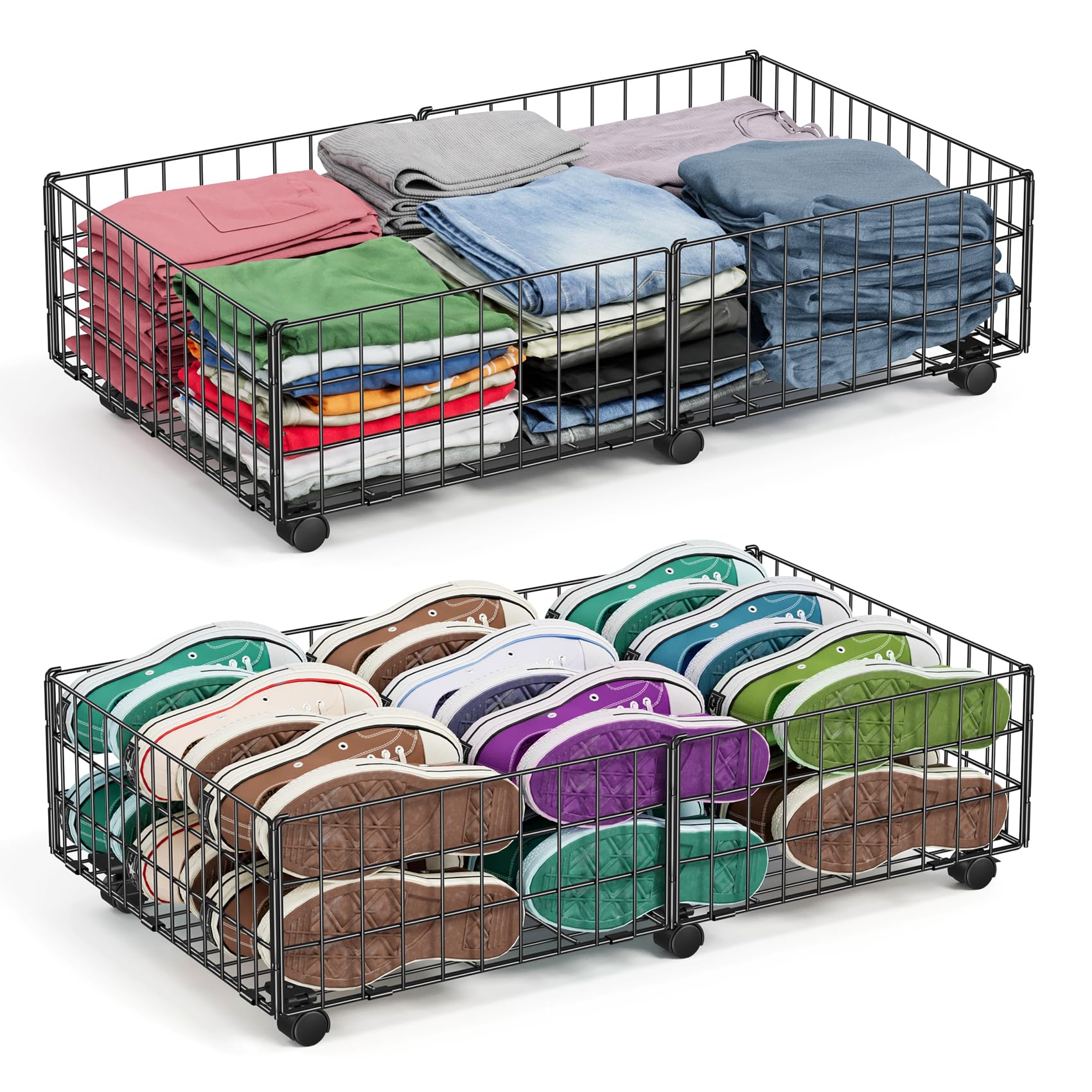 Mr IRONSTONE Queen Bed Frame with Headboard & Under Bed Storage Containers with 6 Wheels