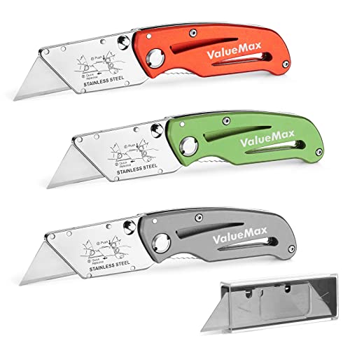 ValueMax Folding Utility Knife Set, All Metal Liner Lock Box Cutter, Quick Change Blade Razor Knife, with 10 Extra SK5 Blades, Set of 3 (Green, Orange, Gray)