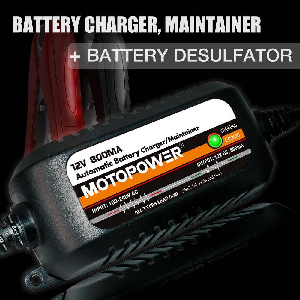 MOTOPOWER MP00205C 12V 800mA Automatic Battery Charger, Battery Maintainer, Trickle Charger, and Battery Desulfator