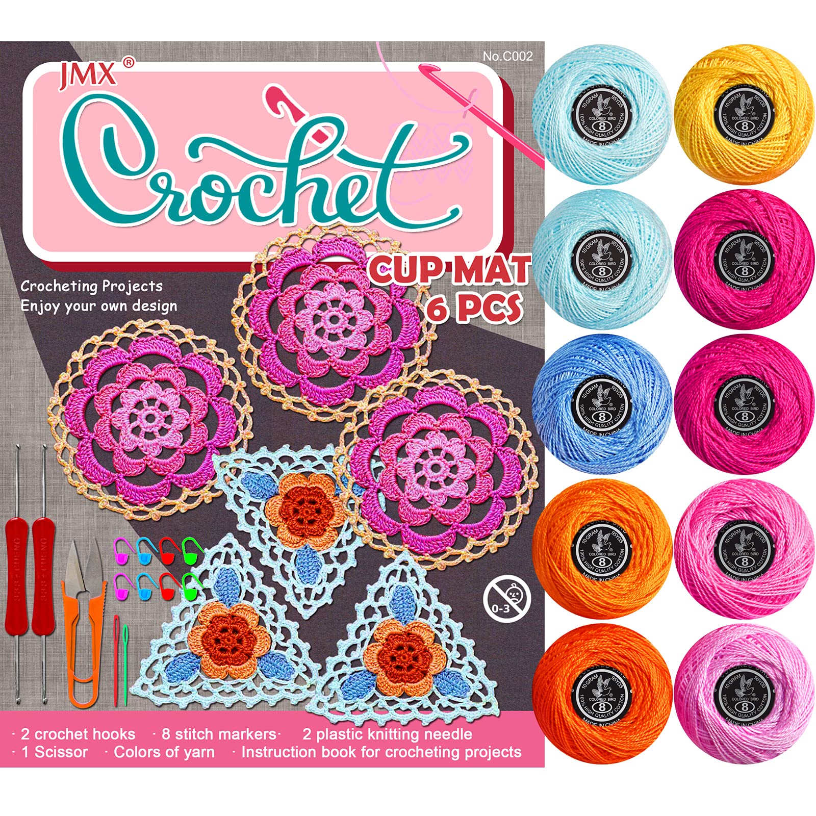 QCZKB Crochet Kits 10 Cotton Crochet Yarn Includes 2 Crochet Hooks, 2 Weaving Needles, Instruction Book, 8knitting Stitch Markers|Perfect 6 Coaster Beginner Kit