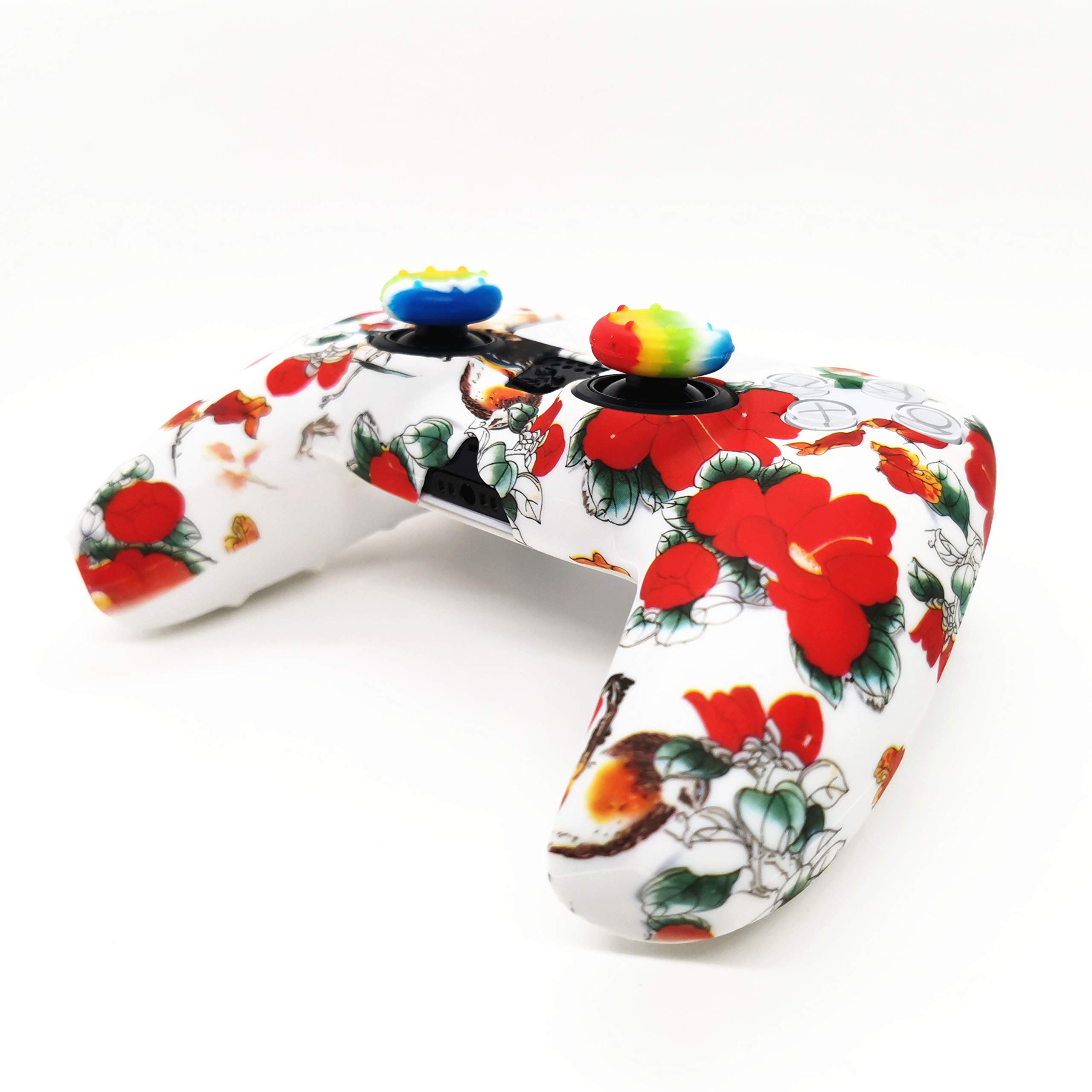 Skin for PS5 Controller Grips, Silicone Case Cover for PlayStation 5 Anti-Slip Protector with 10pcs Thumb Joysticks Caps (Flower)