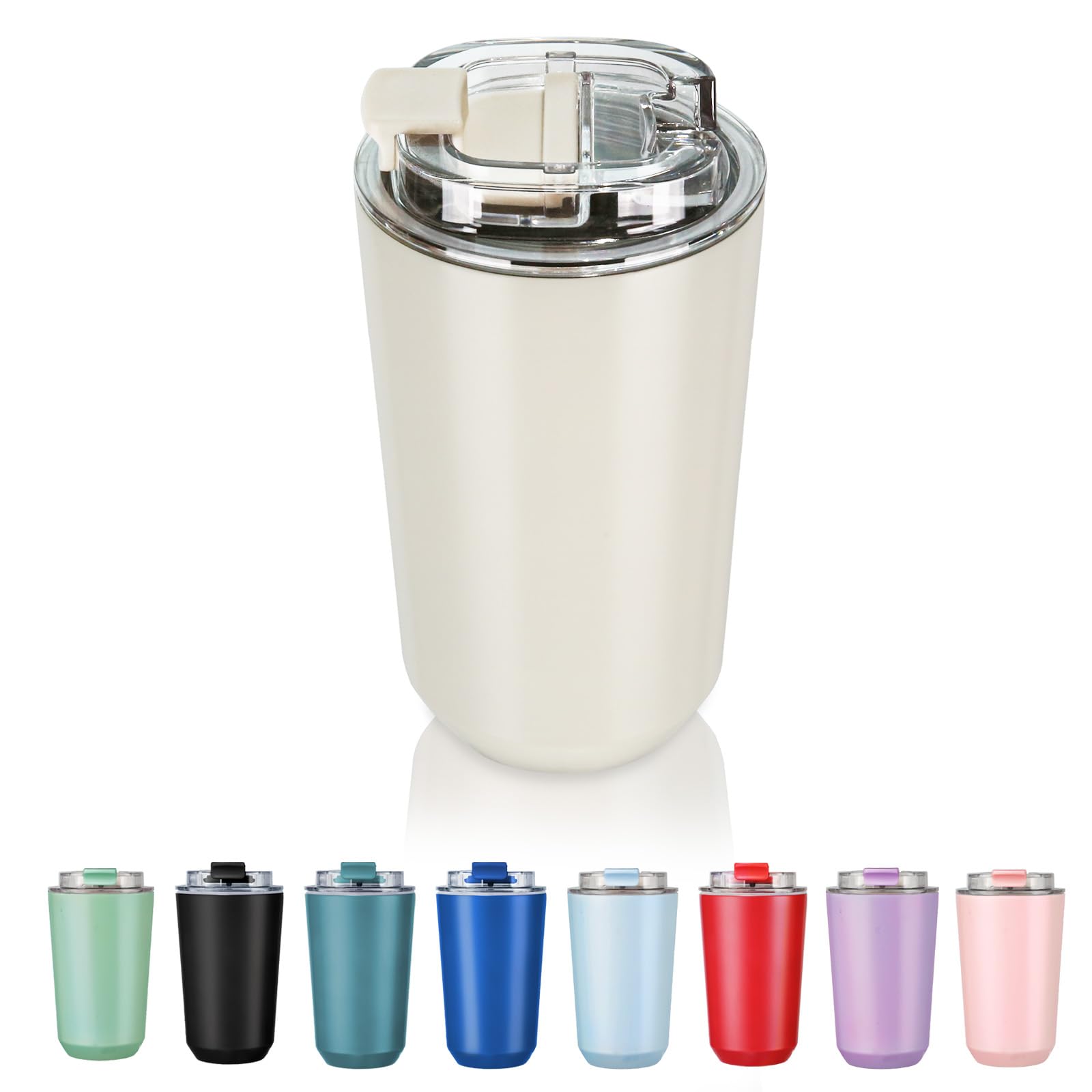 Puraville Insulated Tumblers with Lid, 14 oz Travel Coffee Mug Stainless Steel Vacuum Thermos Cup, 10/14 oz Leak Proof Reusable Double Walled Coffee Tumbler for Iced and Hot Drinks,Cream