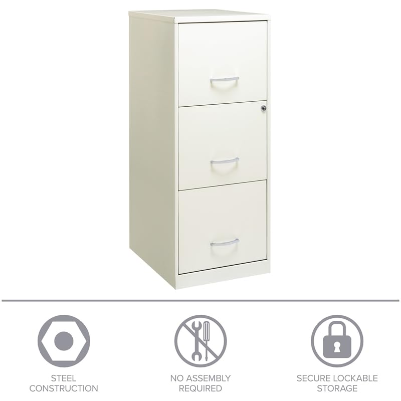 Scranton & Co 18" Deep 3 Drawer Metal Vertical File Cabinet, Letter Size, Locking, Home Office, in Pearl White