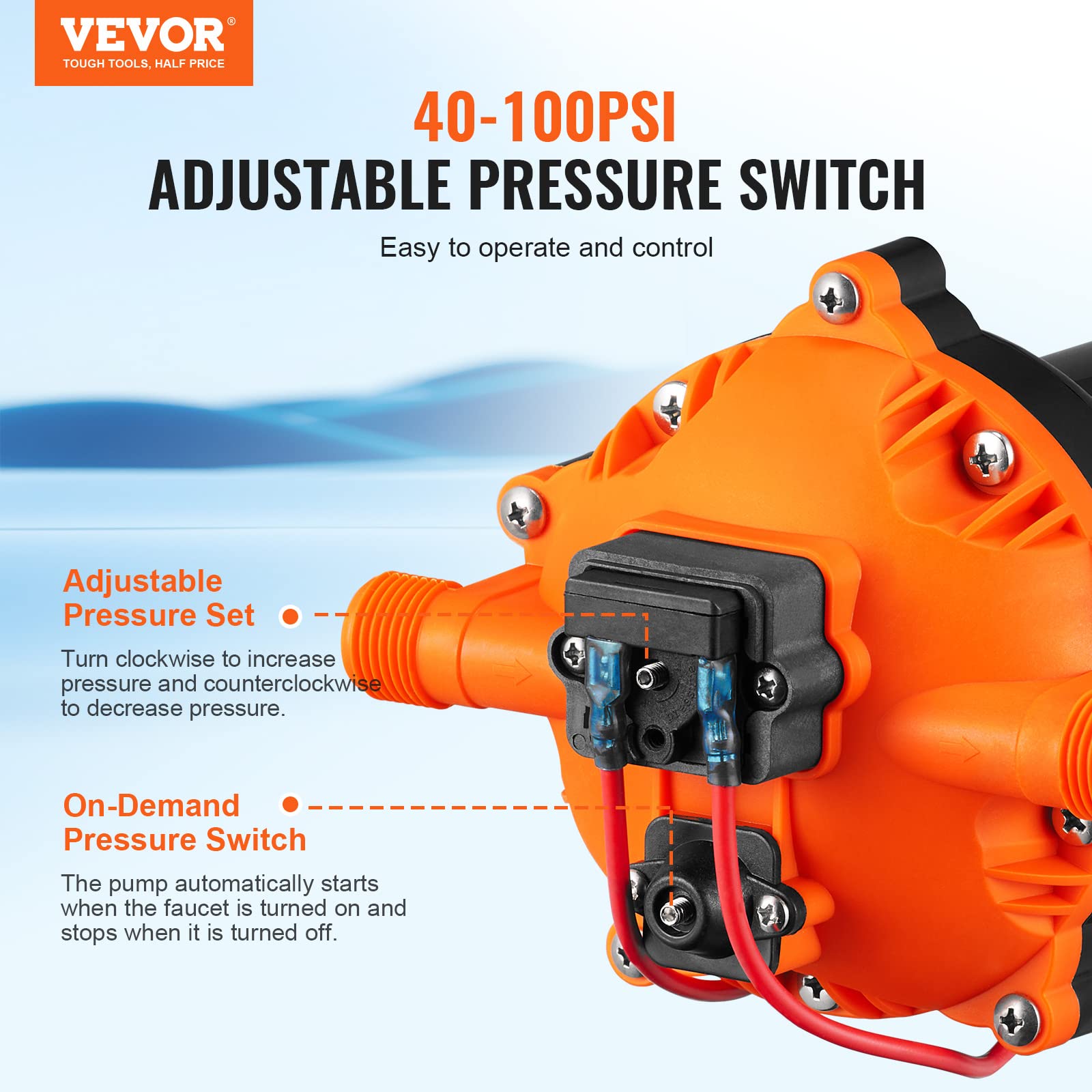 VEVOR Water Diaphragm Pump, 12V DC, 5.5 GPM Flow, 70 PSI Rated Pressure (40-100 PSI Adjustable), 1/2" MNPT Self Priming Sprayer Pump with Pressure Switch for Car Washing, Agricultural Irrigation