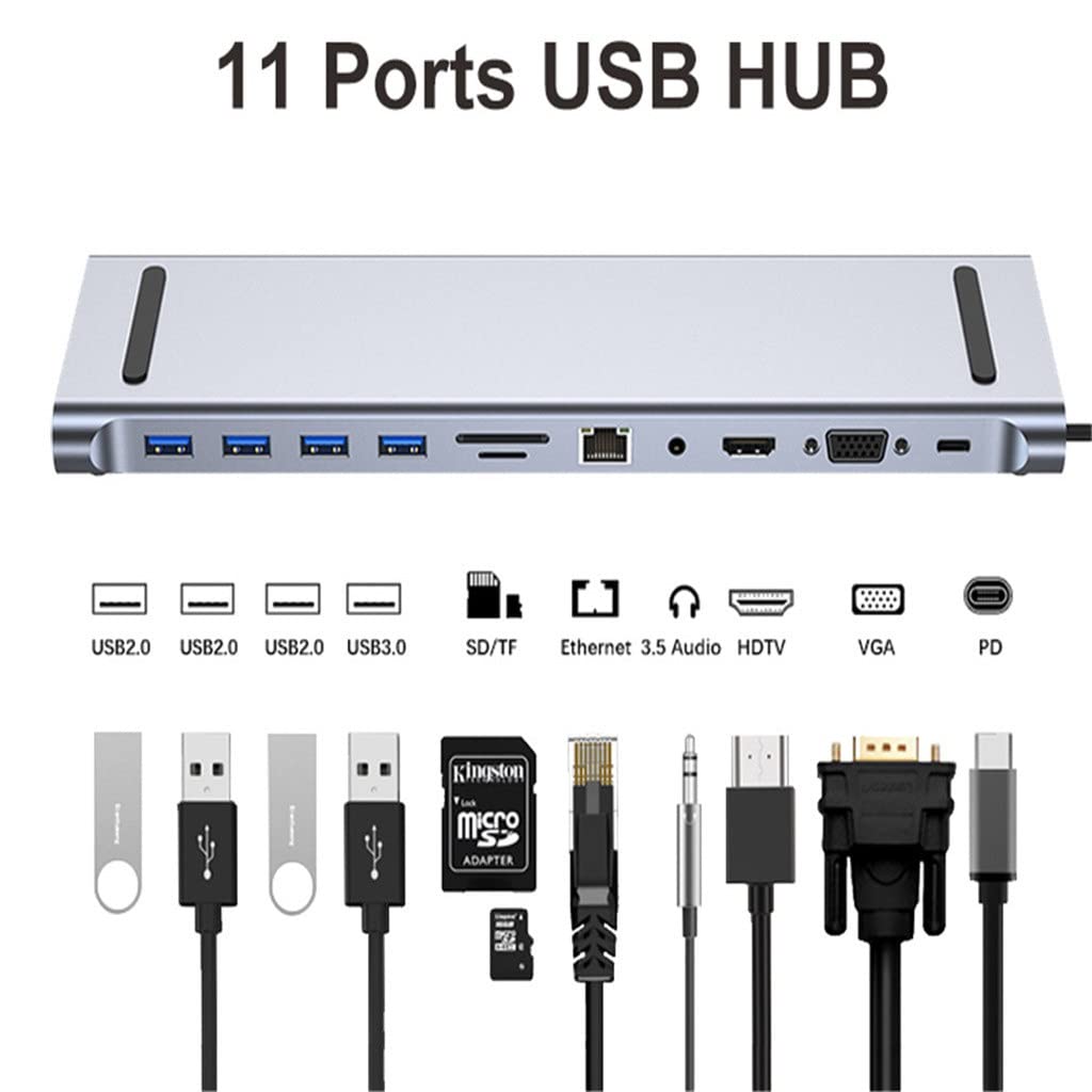 XDCHLK 11 in 1 USB Hub Type C to 4K -Compatible RJ45 SD/TF PD USB2.0 3.0 for Laptop Docking Station Adapter