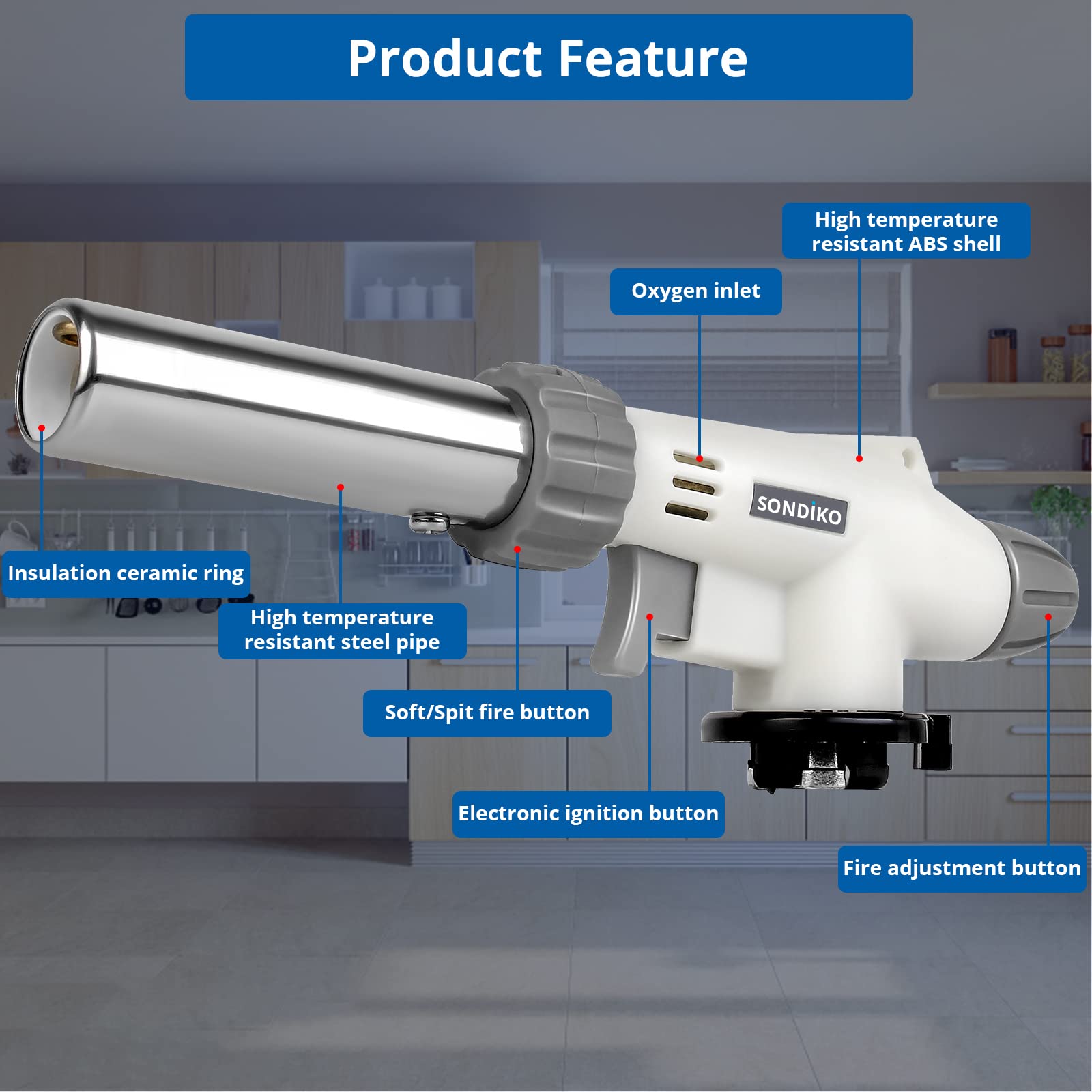 Sondiko Butane Torch Head S516 - Professional Culinary & Grilling Tool with Wind Resistant Flame for BBQ & Soldering - Charcoal & Campfire Torch Lighter (Fuel Not Included)
