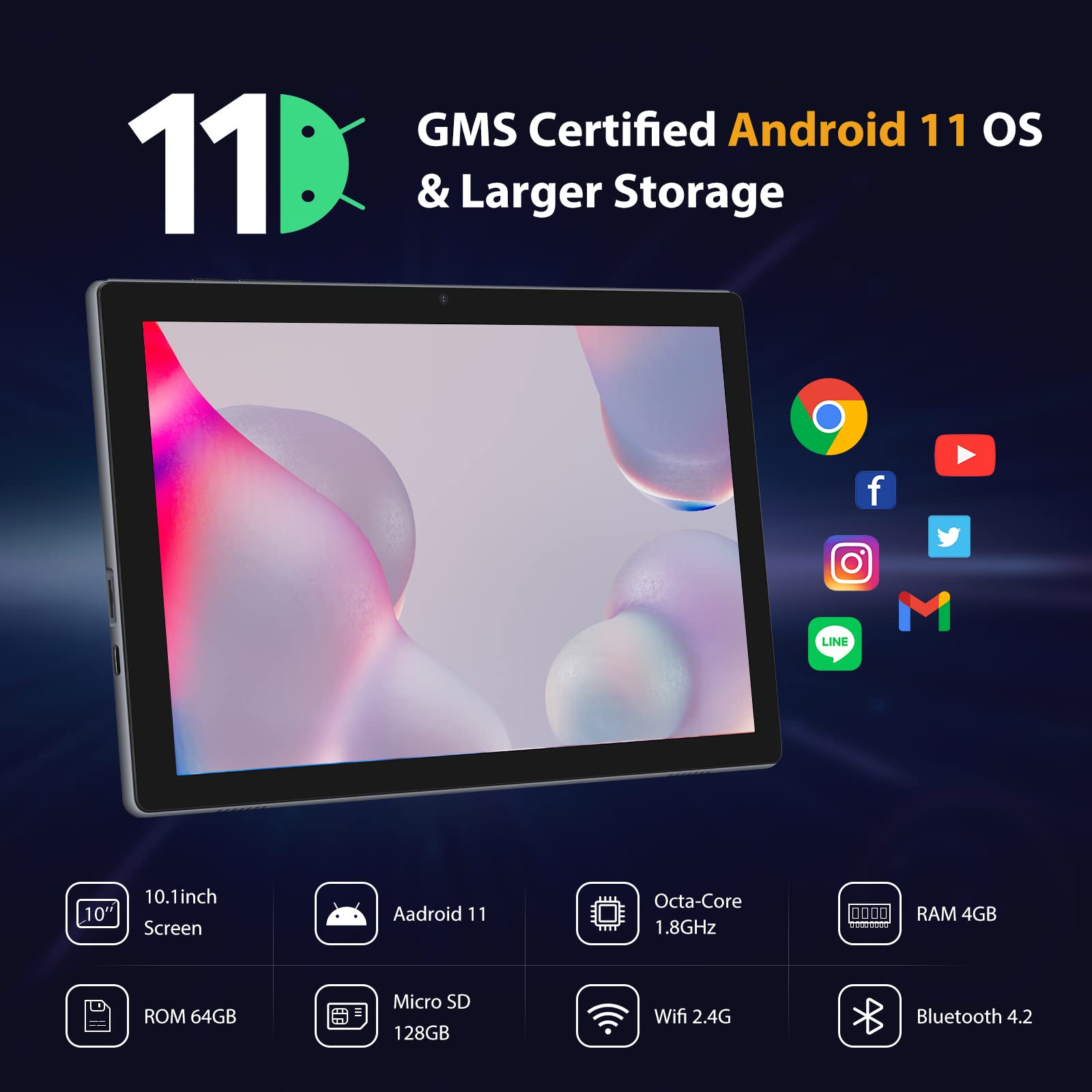 YOTOPT 10 Inch Android 11 Tablet, Octa-Core, 4GB RAM, 64GB ROM, Tablet with Keyboard Case, 8MP Dual Camera, WiFi, Bluetooth, Google GMS, USB-C, OTG, 2 in 1 Android Tablet PC