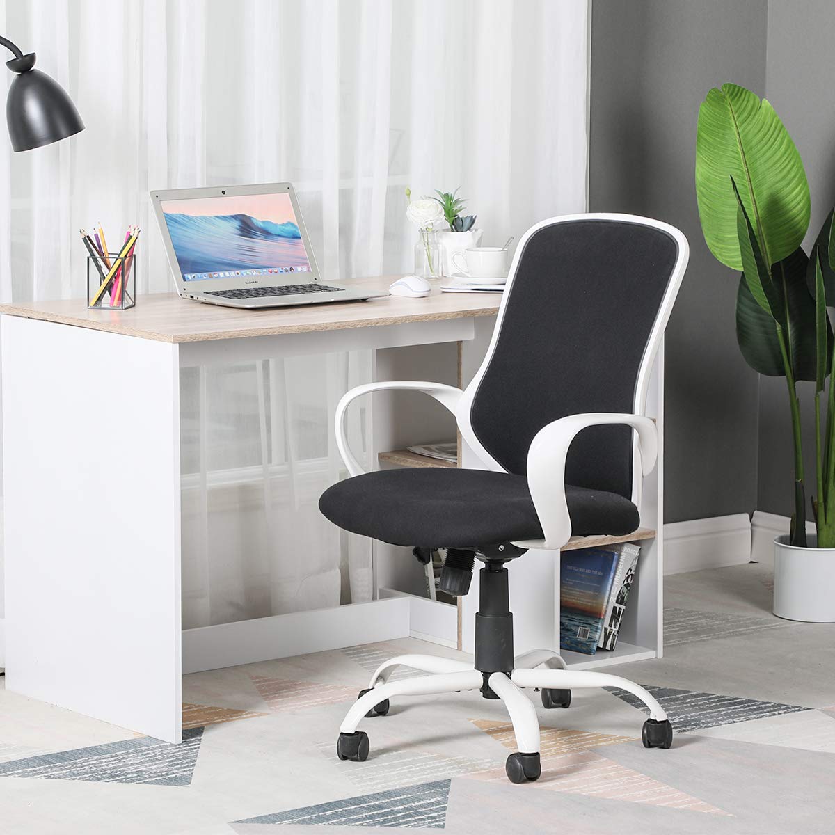 Office Chair Computer Desk Chairs with Wheels Ergonomic Small Desk Chair for Teens Home Office Task Chair Student Rolling Chair with Arms for Bedroom Study Chairs in White and Black