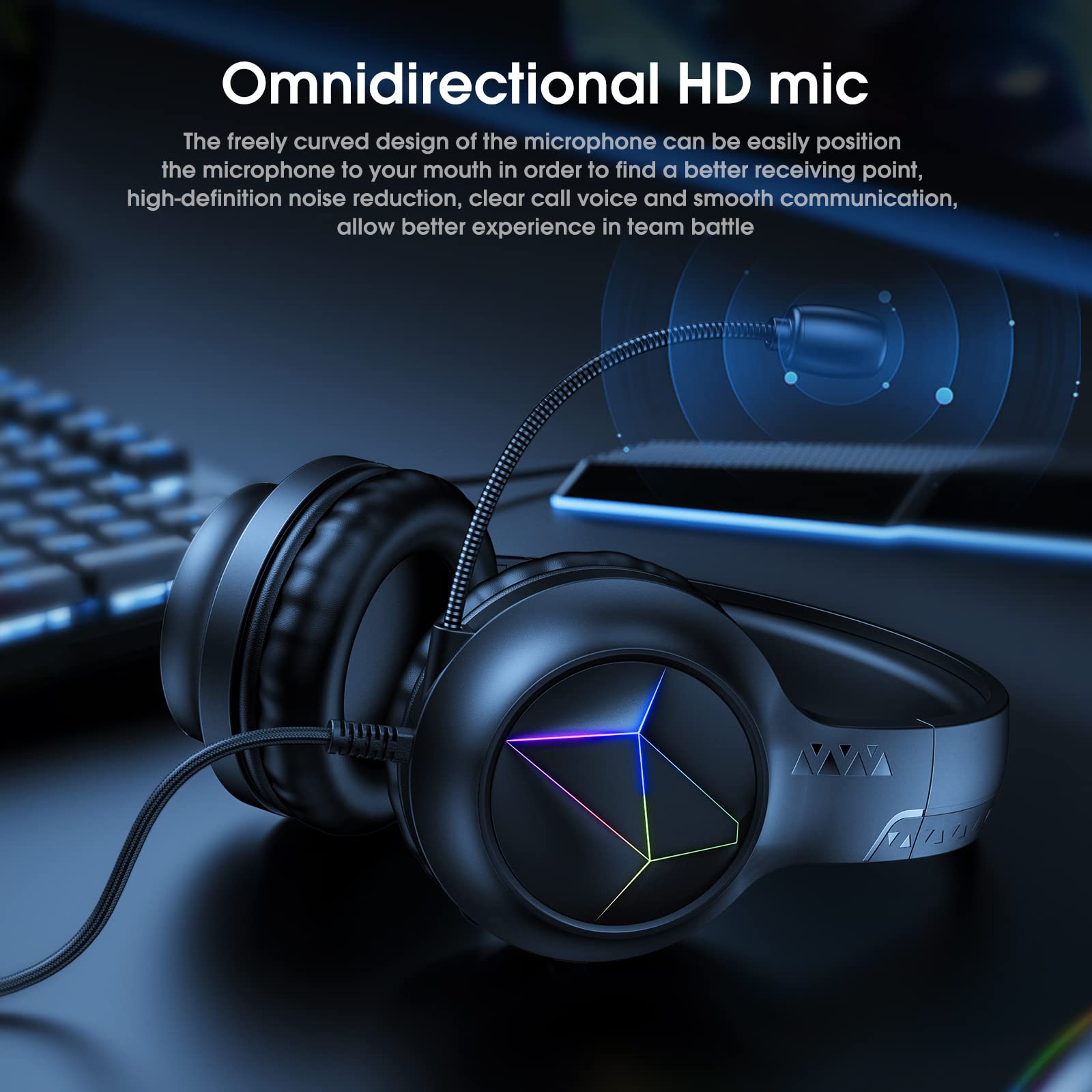 ONITOON Gaming Headset, PS4 Gaming Headphones with Noise Canceling Mic & Diamond RGB LED Light, Soft Memory Earmuffs, USB Wired and 3.5mm Jack Compatibility for Laptop, PC, PS5, Mac, Laptop