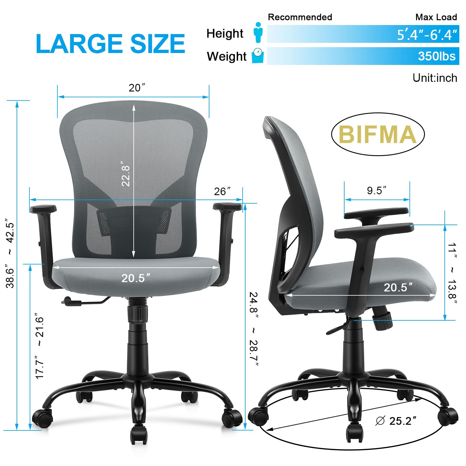 Office Chair Ergonomic Desk Chair with Adjustable Lumabr Support & 2D Armrest, Home Office Desk Chairs Breathable Rocking Computer Executive Chair Adjustable Height Task Chair350lbs (Grey)