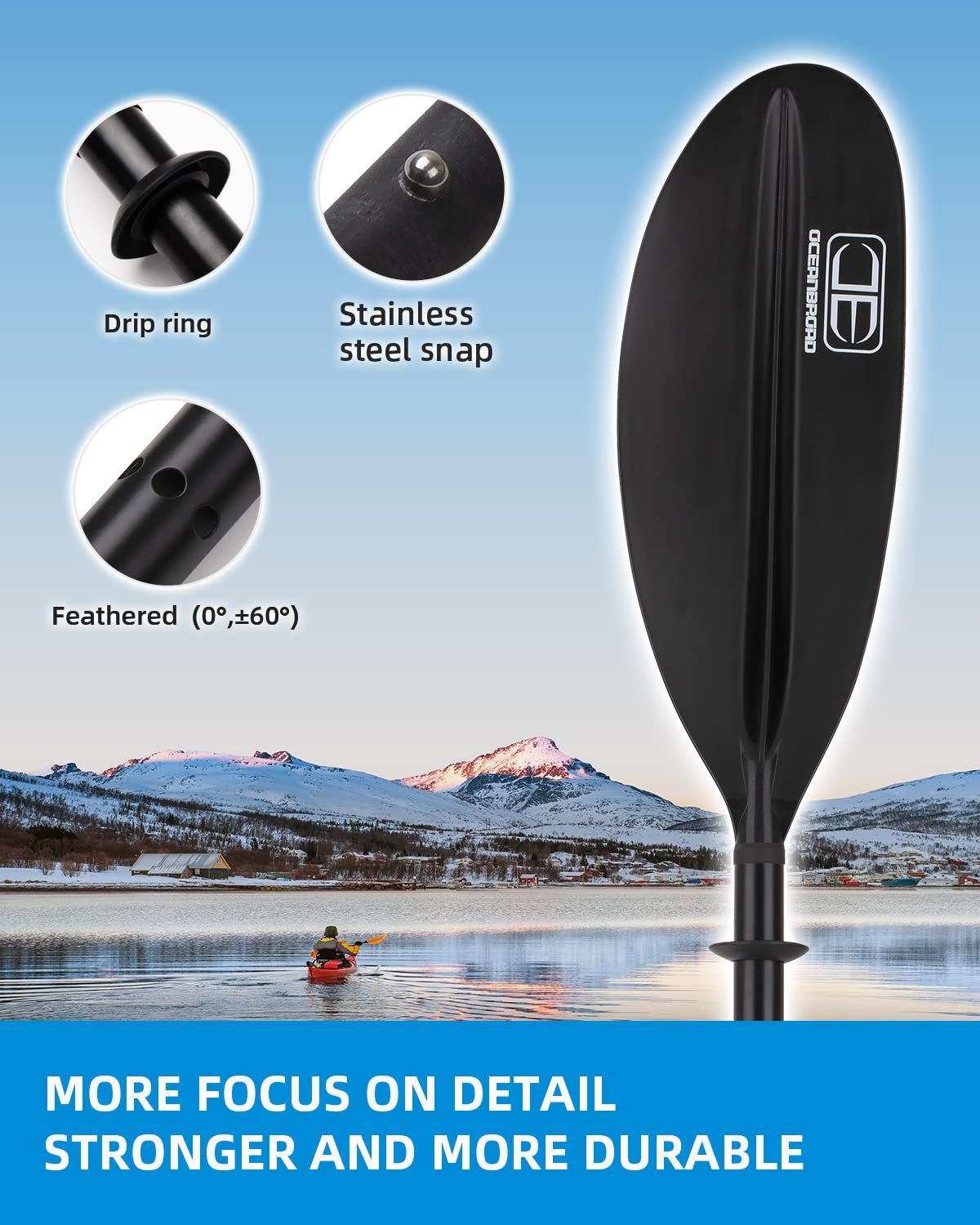OCEANBROAD Kayak Paddle 90.5in/230cm Alloy Shaft Kayaking Boating Canoeing Oar with Paddle Leash 1 Paddle