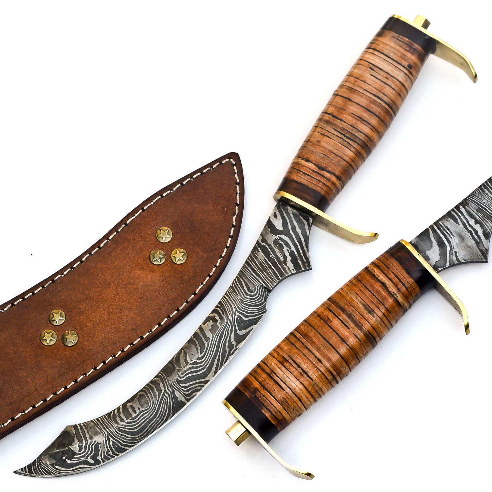 Skokie Knives Custom Hand Made Damascus Steel Hunting Knife Handle Stacked Leather With Double Brass Double Clip