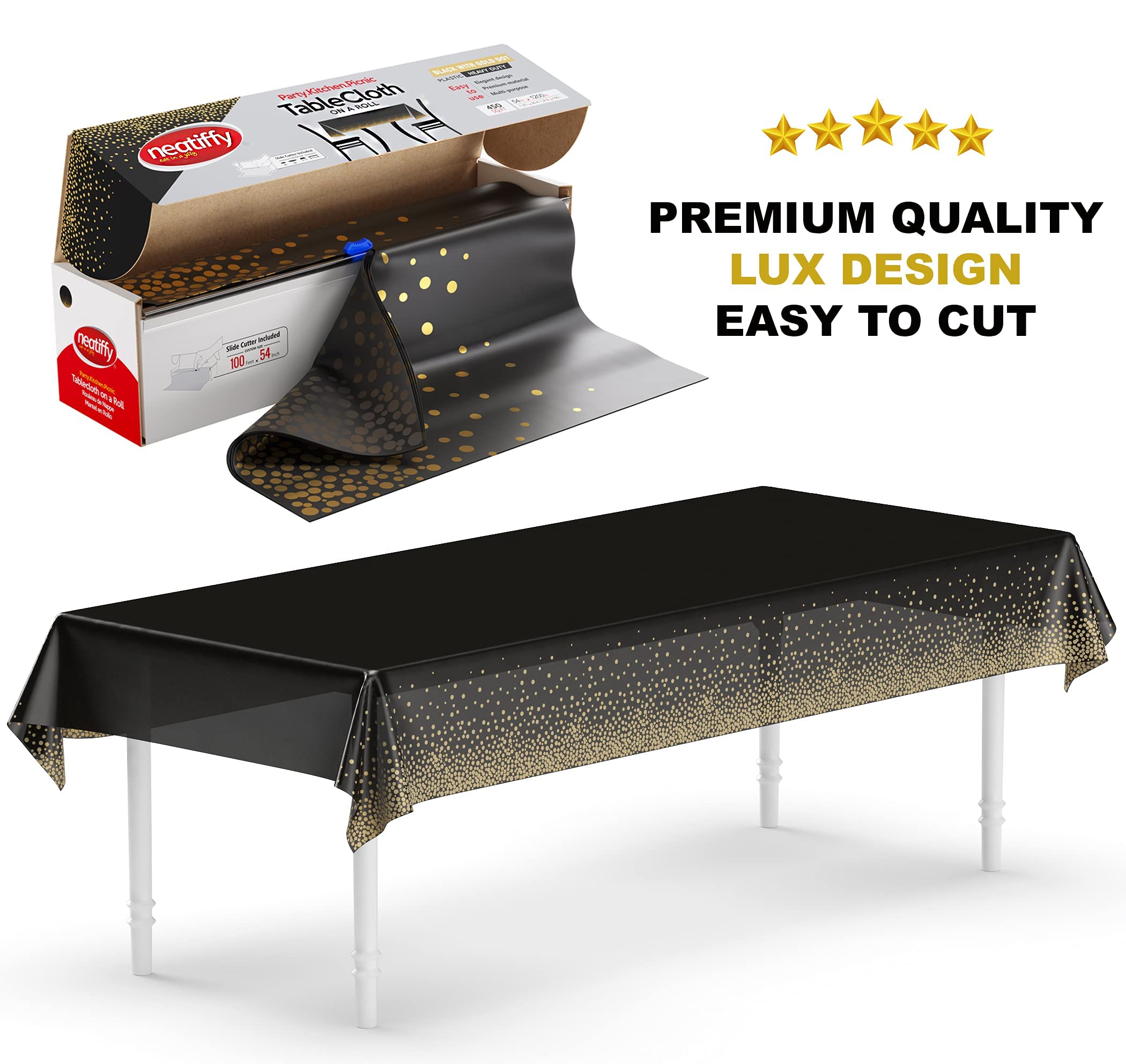 Neatiffy 54 in x 100 Ft - Disposable Plastic Table Cloth Roll with Slide Cutter | Waterproof Cover for Rectangle, Square, Oval Tables | Picnic, Party, Banquet, Birthdays, Weddings - Black Golden Dot