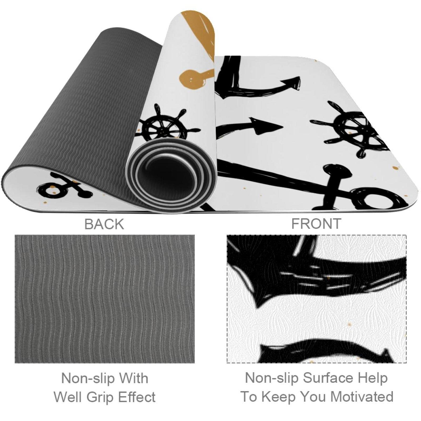 Yoga Mat, Yoga Mats for Home Workout, Workout Mat, Exercise Mats, Pilates Mat, seamless black anchor rudder art pattern