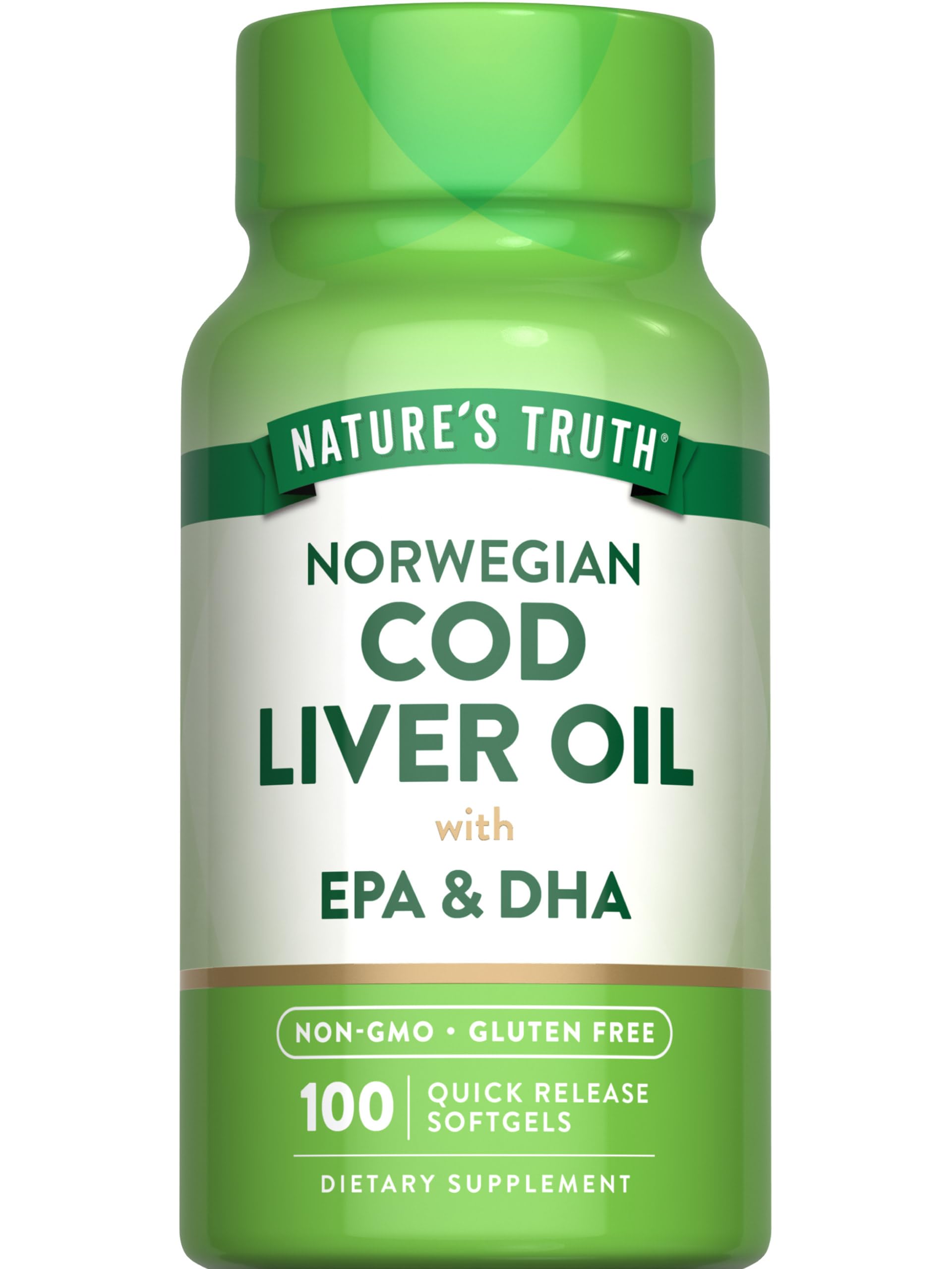 Nature's Truth Norwegian Cod Liver Oil | 100 Softgels | with EPA & DHA | Non-GMO, Gluten Free Supplement