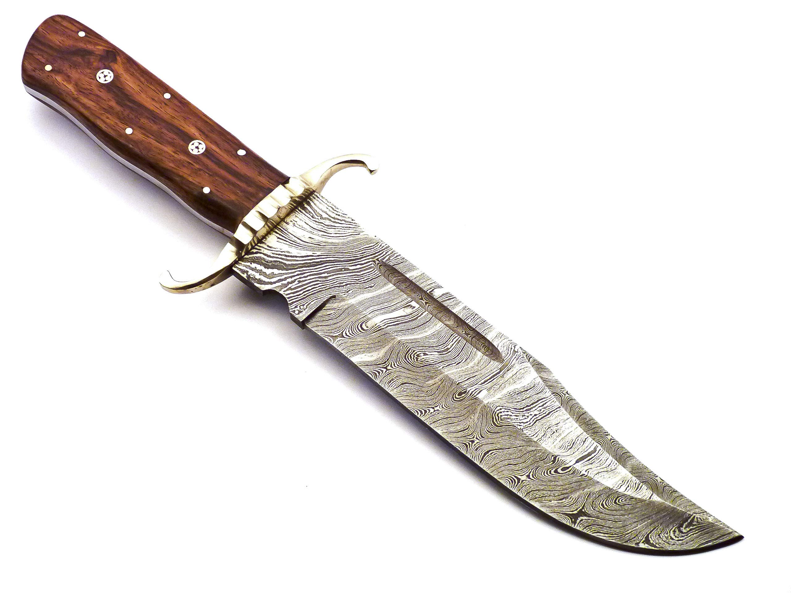Skokie Knives Custom Hand Made Damascus Steel Hunting Bowie Knife Handle Walnut Wood With Mosic Pins And Brass Guard