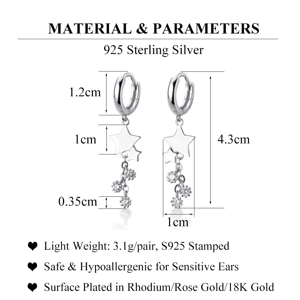 SLUYNZ 925 Sterling Silver Star Dangle Hoop Earrings for Women Star Hoop Earrings Droplet Dangle (A-Silver)