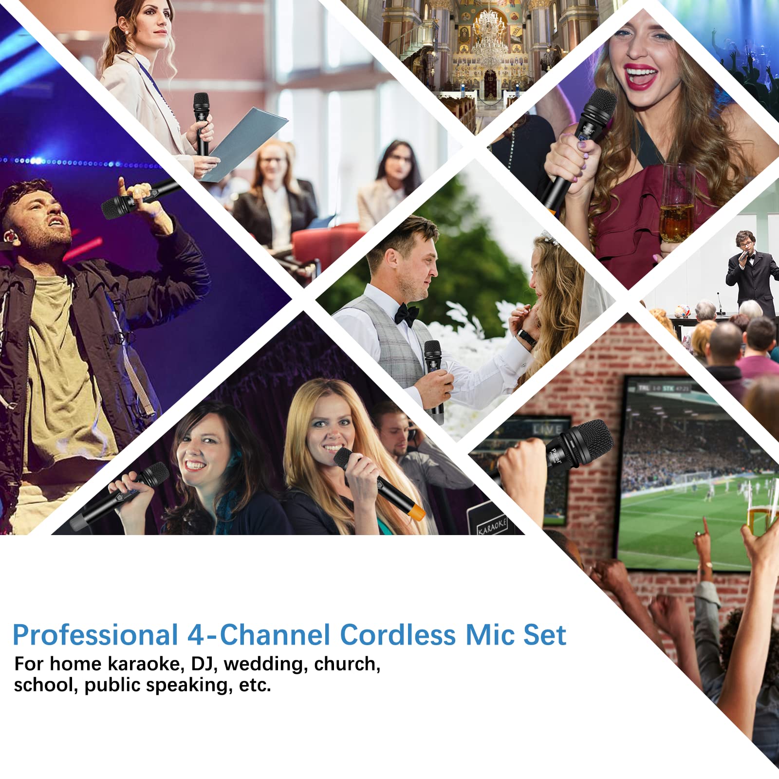 Wireless Microphone System, Pro Quad Channels UHF Karaoke Microphone Wireless, Auto Scan, Adjustable Frequency, 328ft Range, Wireless Mic for Church, Karaoke, Singing, Wedding, Speech, DJ, Outdoor