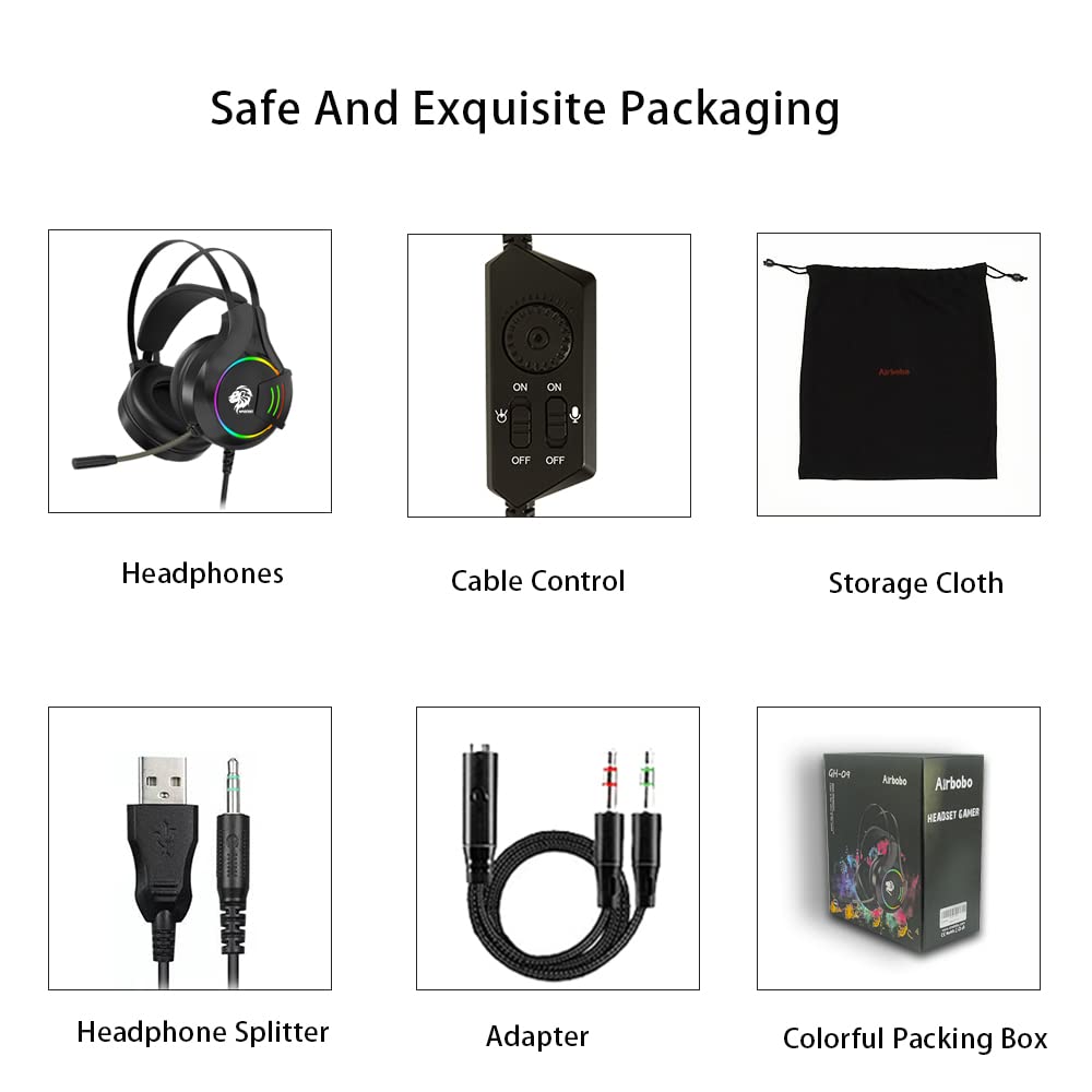 RAFIKI Gaming Headset with Microphone for PS4, PS5, Laptop, PC,Mobile Phone,7.1 Surround Sound Headphones,Memory Foam Ear Pads LED Lights, Self-Adjusting Over Ear Headset