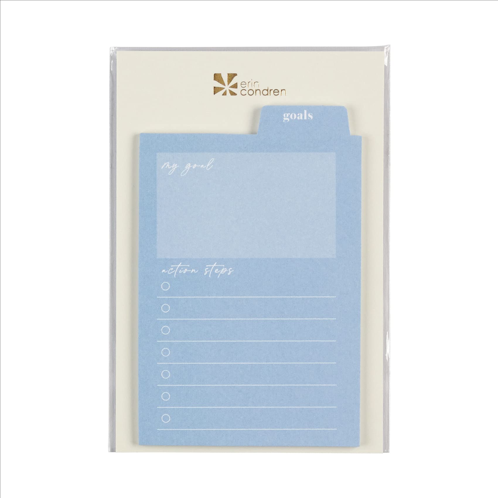Tabbed Sticky Notes - Blue. Goals Layout. Set Goals, Track Progress, Check Off Accomplishments and Tab Important Pages. Boxed and Checklist Sections. 3.15" X 3.85". 20 Sheets by Erin Condren.