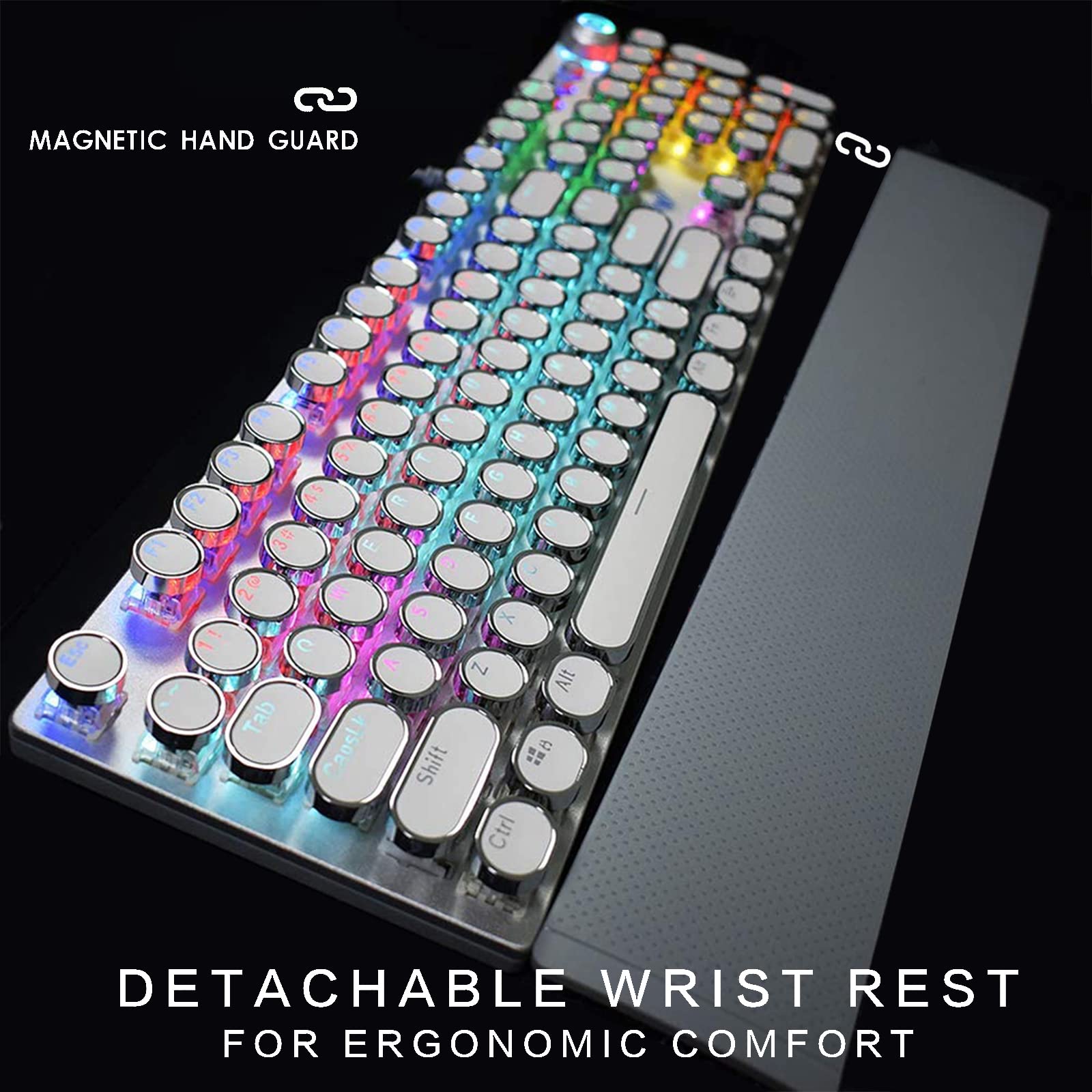 White Mechanical Gaming Keyboard, 26 LED Rainbow Backlit,104 Anti-ghosting Metal Penal Keyboard,Blue Switch with Removable Wrist Rest,Round Keycaps Multimedia Control for Game and Office, MAC/PC