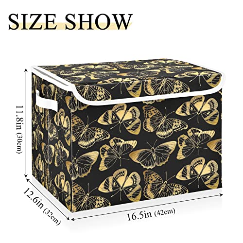 SDMKA Beautiful Gold Butterflies Storage Bins with Lids Foldable Storage Cube Boxes Fabric Storage Organizer Basket for Home, Bedroom, Office, Closet (16.5x12.6x11.8)
