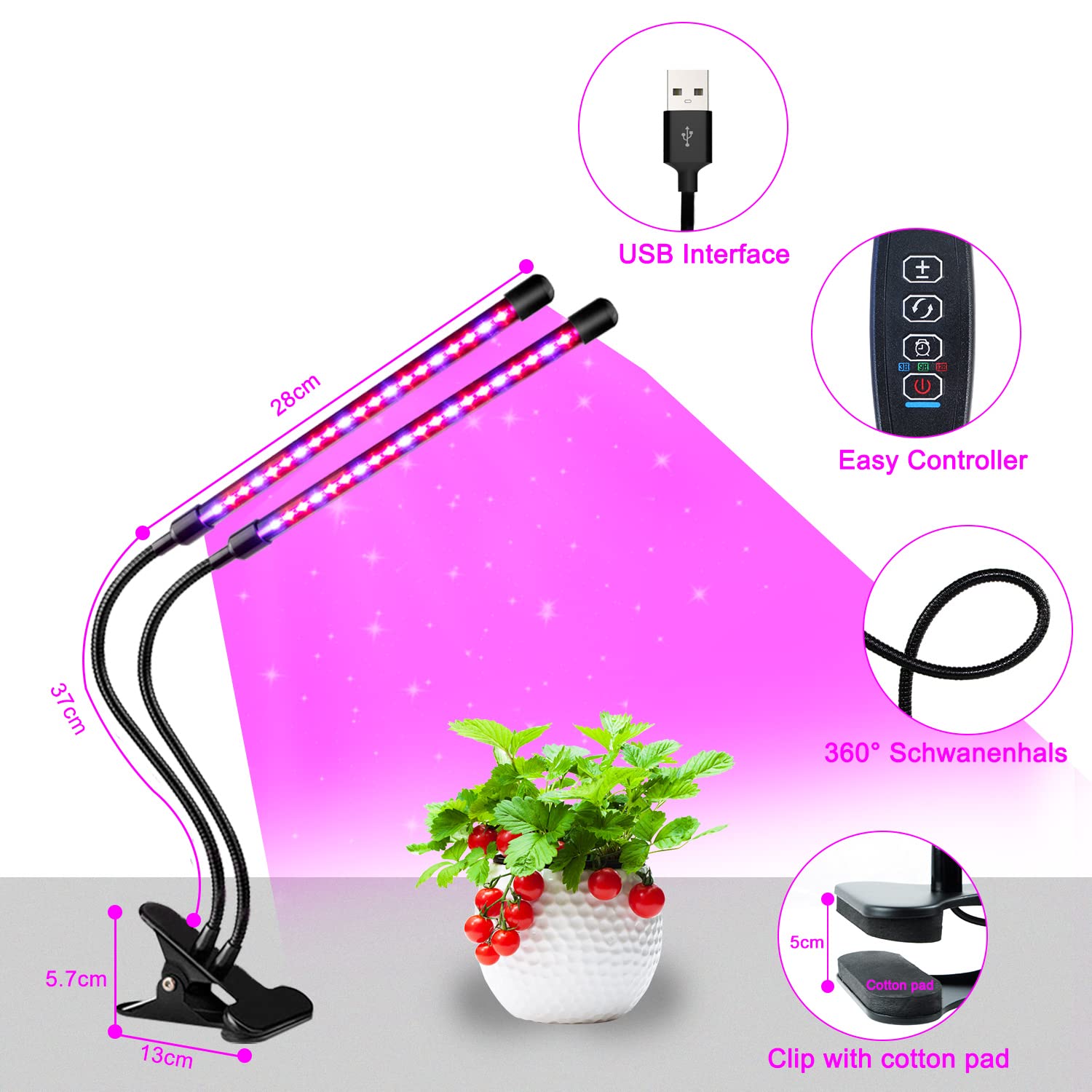 SDOVUERC Grow Lights for Indoor Plants, Full Spectrum LED Plant Lamps with Clips and 3m Cables for Seeding Growing(2 Pack)