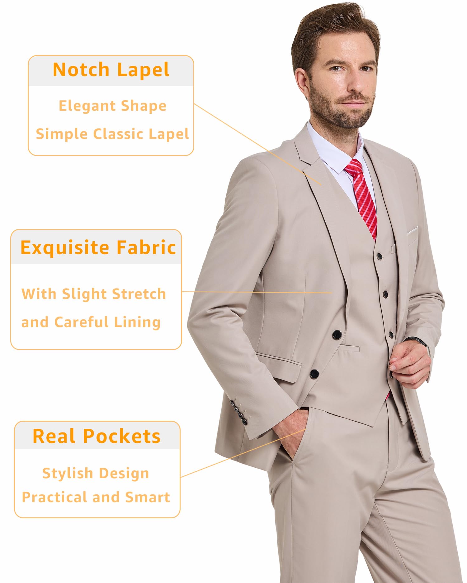 MrSure Men’s 3 Piece Suit Blazer, Slim Fit Tux with 2 Button, Jacket Vest Pants & Tie Set for Party, Wedding and Business Burgundy