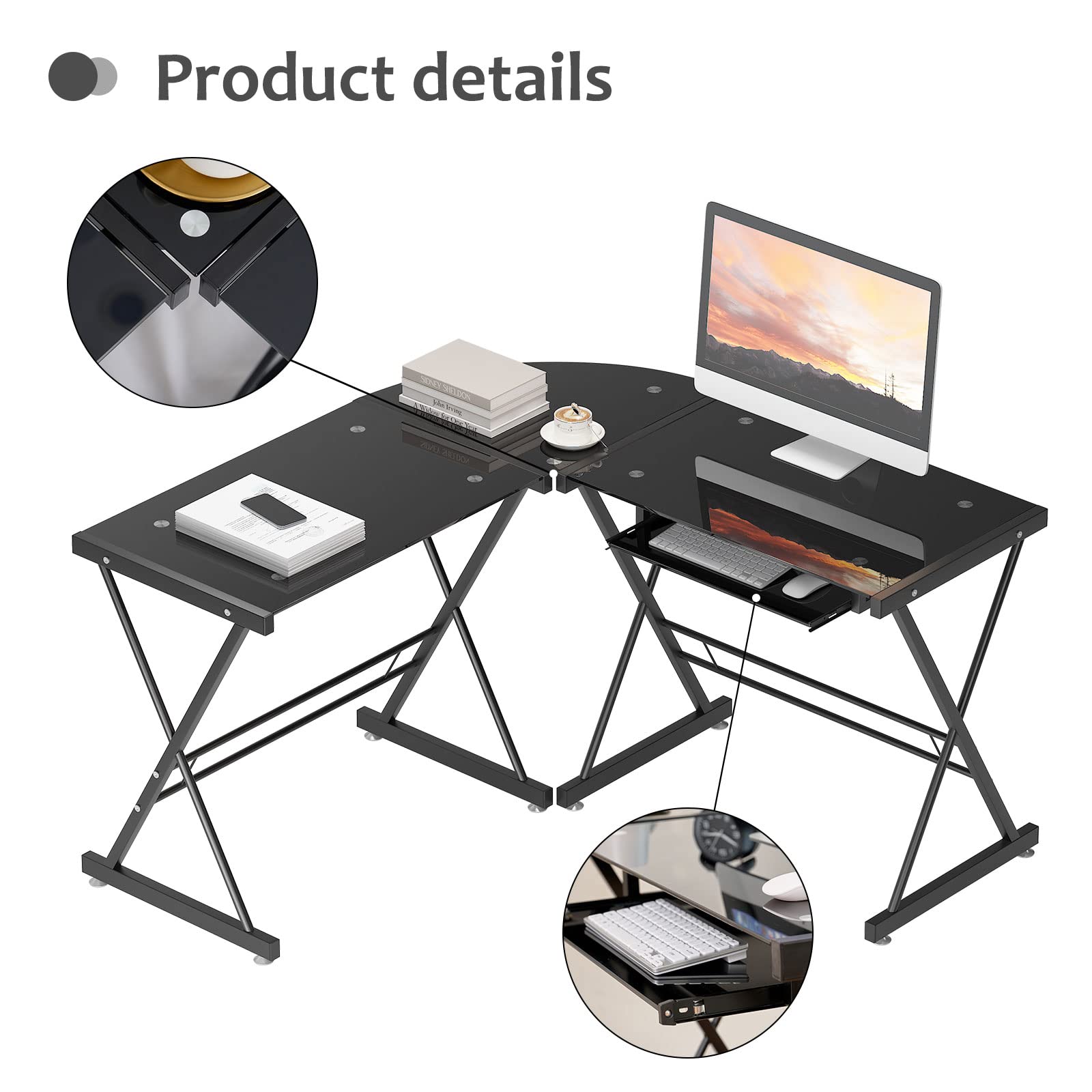 Need 51inches Tempered Glass L-Shaped Desk, Computer Desk with Smooth Keyboard Tray Home Office Corner Desk Black,UT-845-ND