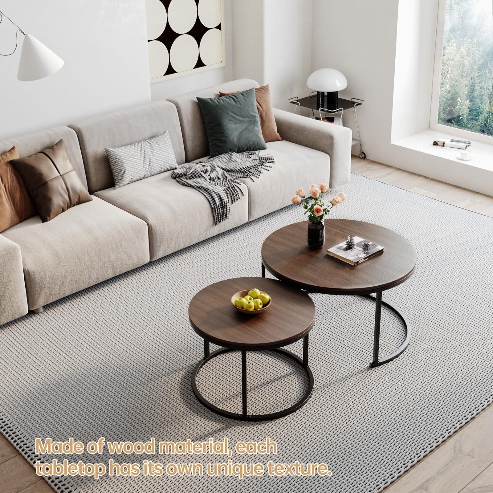 Modern Nesting Coffee Table Set of 2 for Living Room Balcony Office, Modern Decorative Round Wooden Coffee Center Table with Sturdy Metal Frame