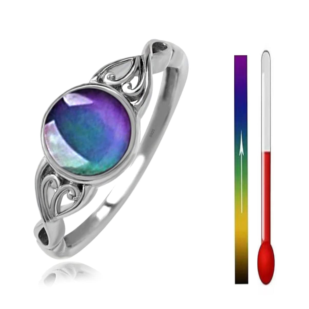 THJEW Round Shape Color Changing Mood Ring,S925 Sterling Silver Simulated Moon Stone Ring,Mystery Temperature-Control Changeable Ring, silver, crystal