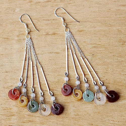 NOVICA Artisan Handmade Jade Quartz Waterfall Earrings | .925 Sterling Silver Glass Bead Dangle Earrings | Multi-color Stones Dangle Earring | Handcrafted Jewelry | Earthy Blend Themed Thailand