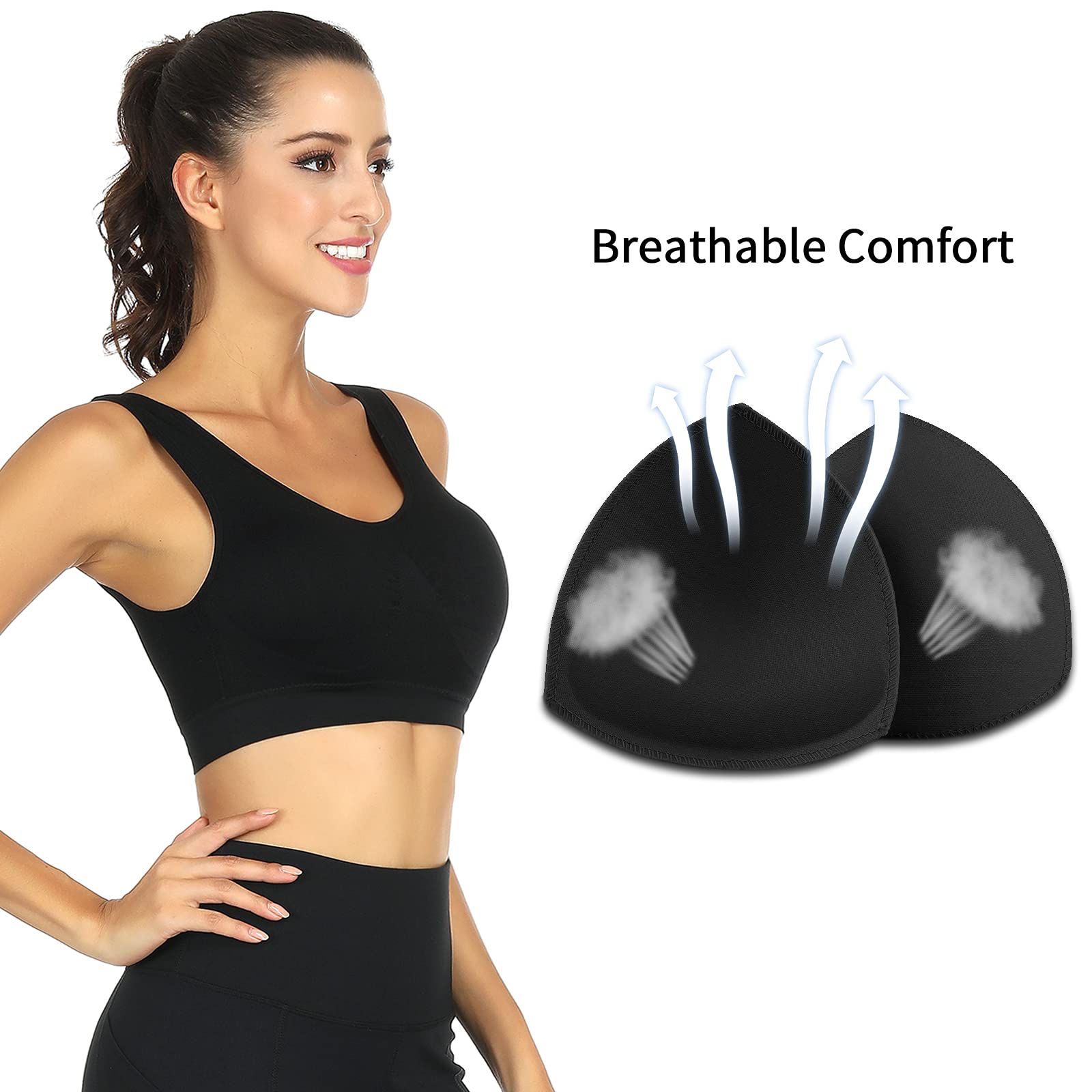 OXYSAIKO Bra Pads Inserts 4 Pairs, Women's Breathable Comfy Replacement Removable Sport Bra Push Up Pads Suitable for A Cup and B Cup(Black)