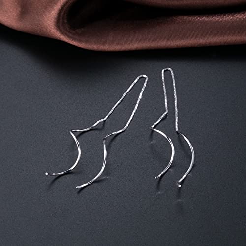 SLUYNZ 925 Sterling Silver Threader Dangle Earrings Twist Shape for Women Teen Girls Linear Dangle Curved Tassel Earrings (A-Silver)