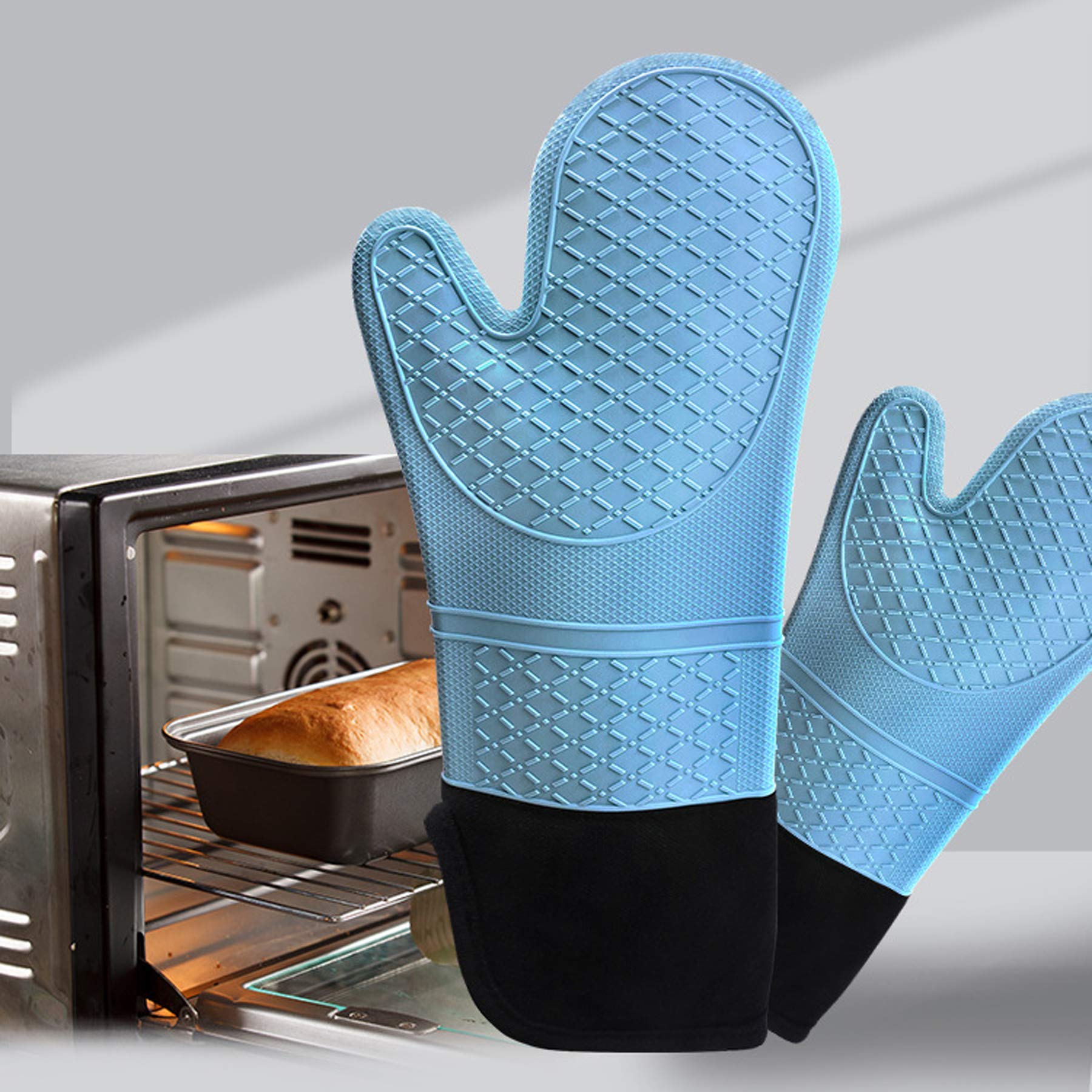 SNOMYRS Silicone Oven Gloves and 2-Piece High Temperature Resistant Silicone Hand Clip 2-Piece Non-Slip Coaster Silicone Coaster for Hot Surfaces (Blue)