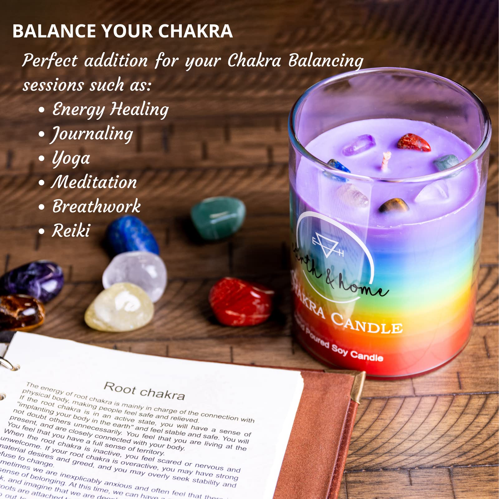 Rainbow Candle- Chakra Candles with crystals inside- Healing Crystal Candle- Manifestation Candle with Healing Stones - Meditation Candle for Chakra Balancing, Positive Energy and Aromatherapy
