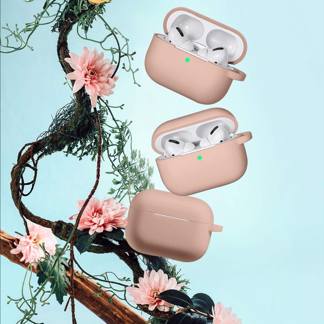 R-fun AirPods Pro Case Cover with Keychain, Full Protective Silicone Skin Accessories for Women Men Girl with Apple 2019 Latest AirPods Pro Case, Front LED Visible-Milk Tea