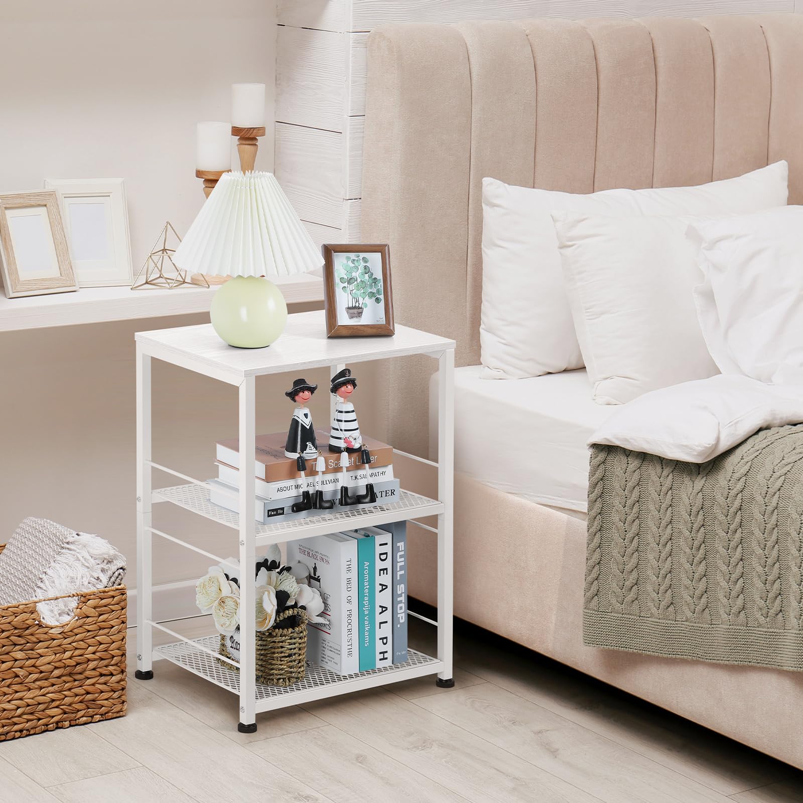 OYEAL End Table, Small Side Table Living Room, White Nightstand with 2-Tier Storage Shelf, Printer Stand Sofa Table for Small Spaces, Living Room, Bedroom, Easy Assembly