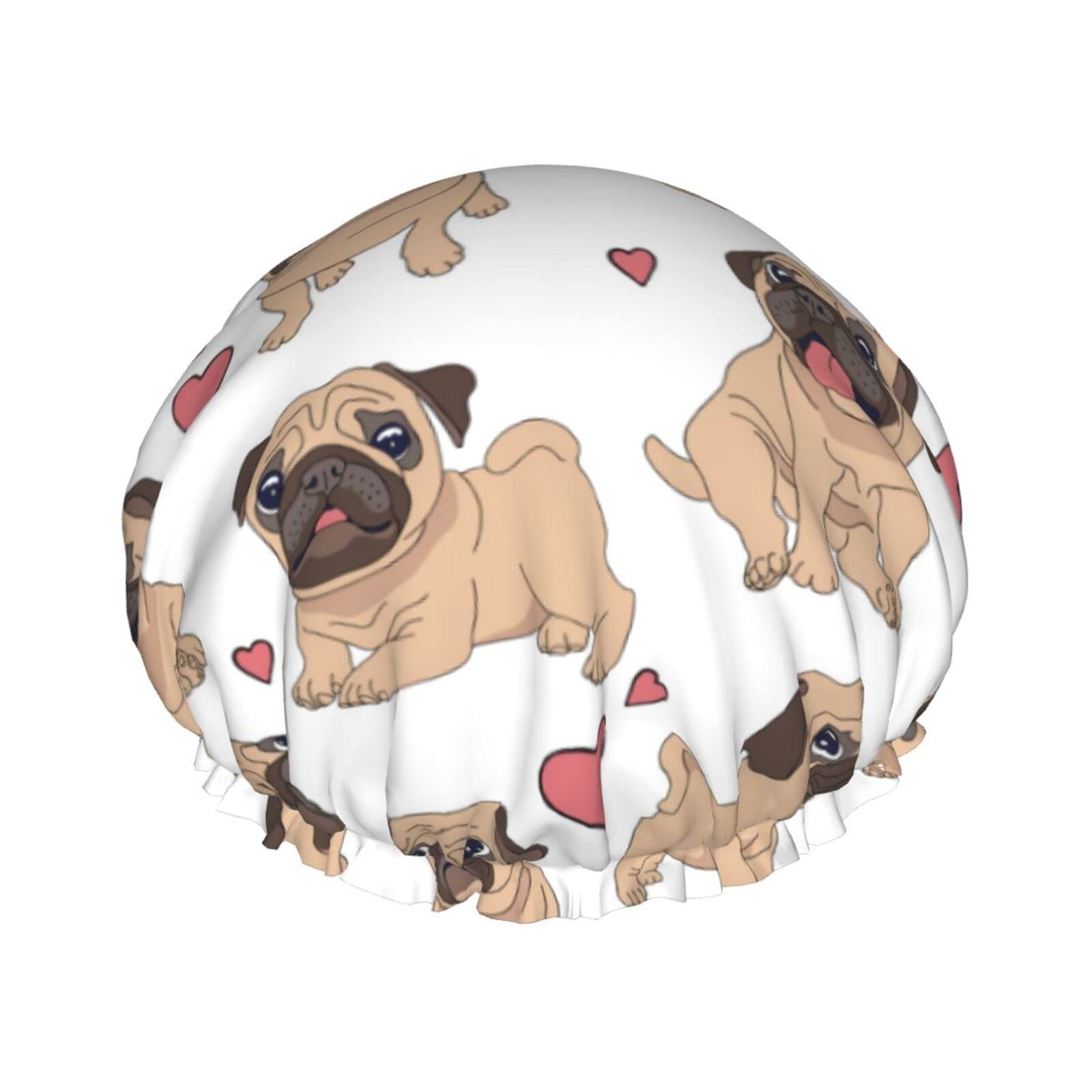 White Brown Pug Shower Cap for Women,Double Waterproof Layers Bathing Shower Hat Large Designed for all Hair