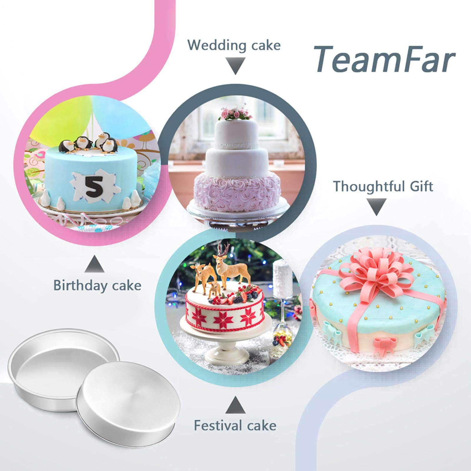 TeamFar 8 Inch Cake Pan, Stainless Steel Tiers Round Baking Cake Pans with Lids, Healthy & Heavy Duty, Dishwasher Safe & Easy Clean, Mirror Polish & Smooth Edge, Set of 4 (2 Pans + 2 Lids)